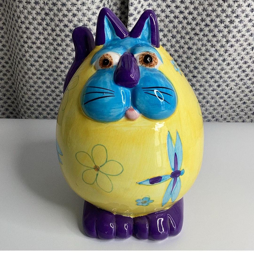 Painted Ceramic Fat Cat Piggy Bank Yellow Purple Blue Dragonflies Whimsical
