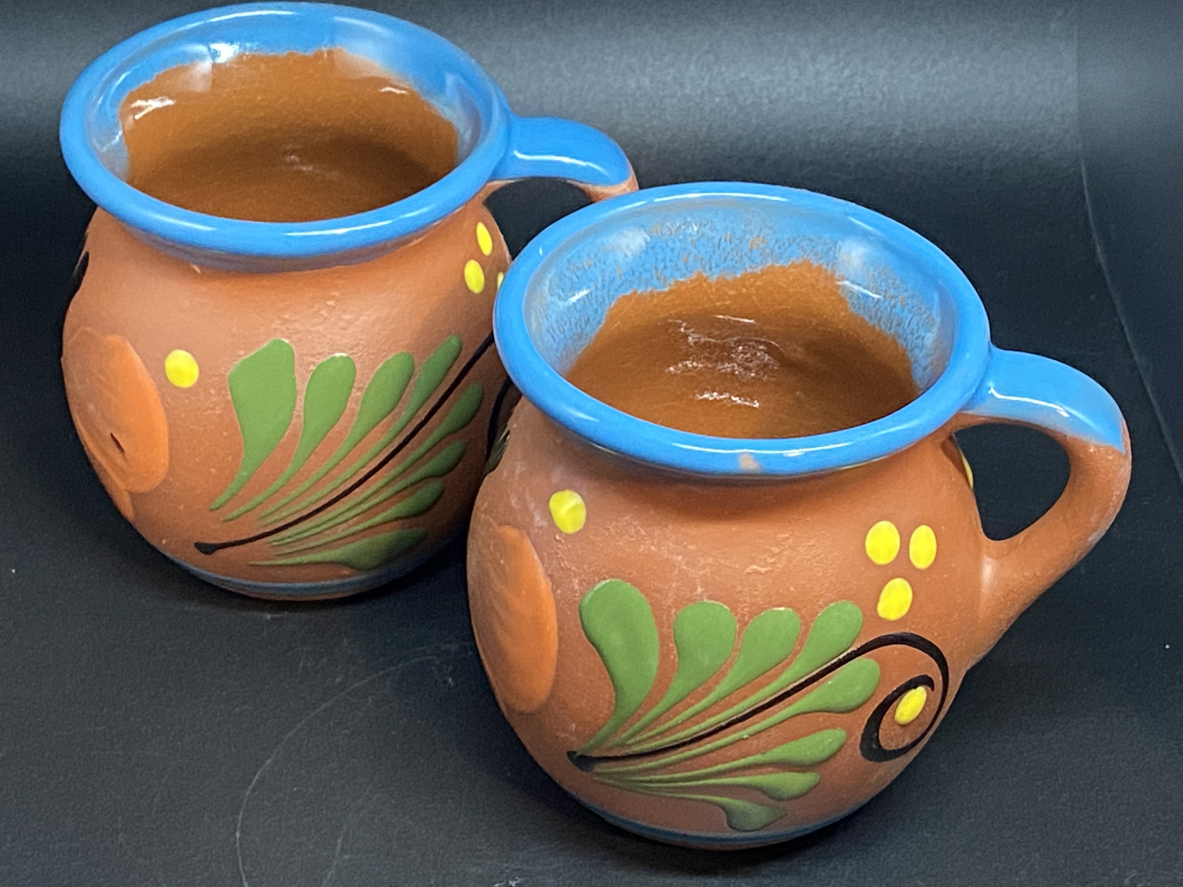 2 Mexican Hand Painted Clay Mugs aka Jarrito, 4.25" Tall, 4.75" Wide