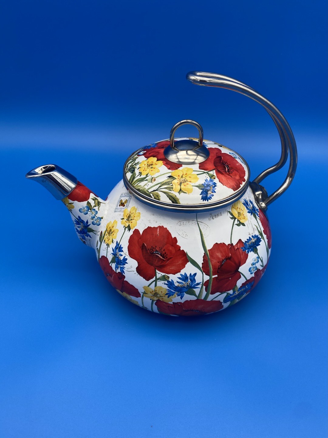 Crofton Red Poppy Enamel Metal 2.3 Qt Hook Handled Tea Kettle