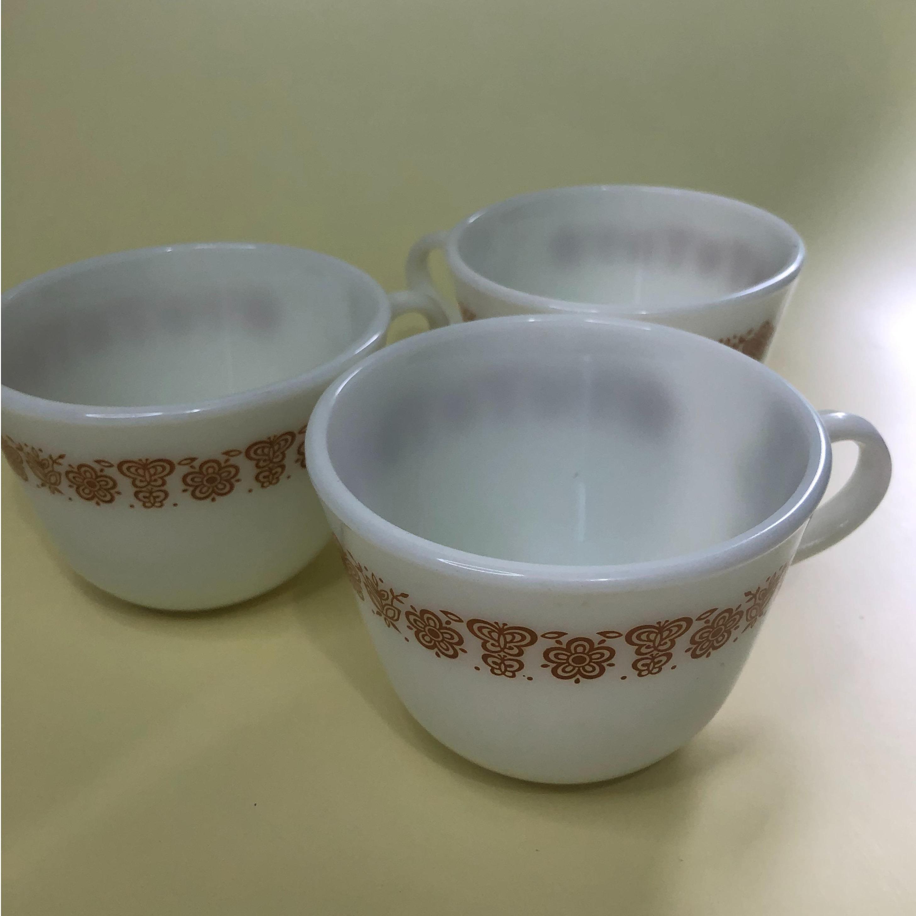 3 Vintage Pyrex Mugs Gold Butterfly Yellow Flower Cups