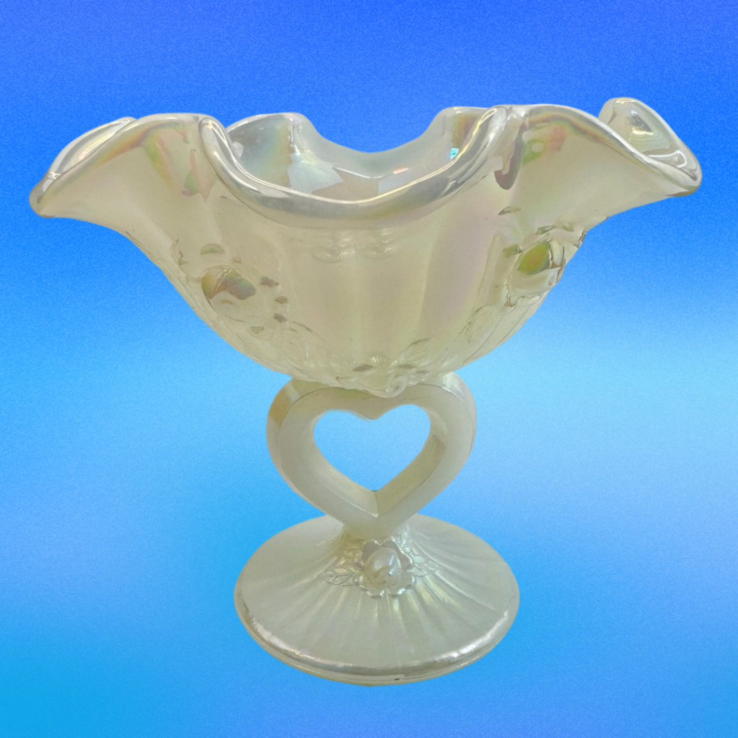 Fenton Milk Glass Rose And Heart Ruffled Iridescent Compote