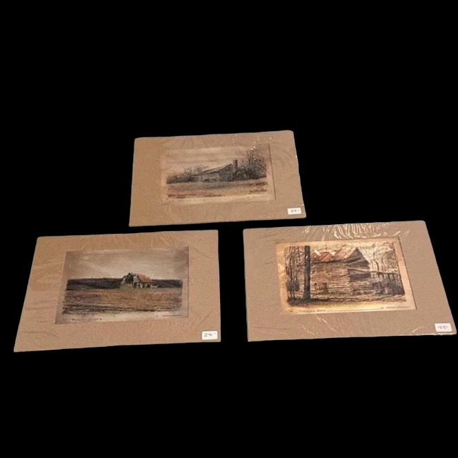 3 Rustic Art Prints By Peter Warner, North Carolina, Signed