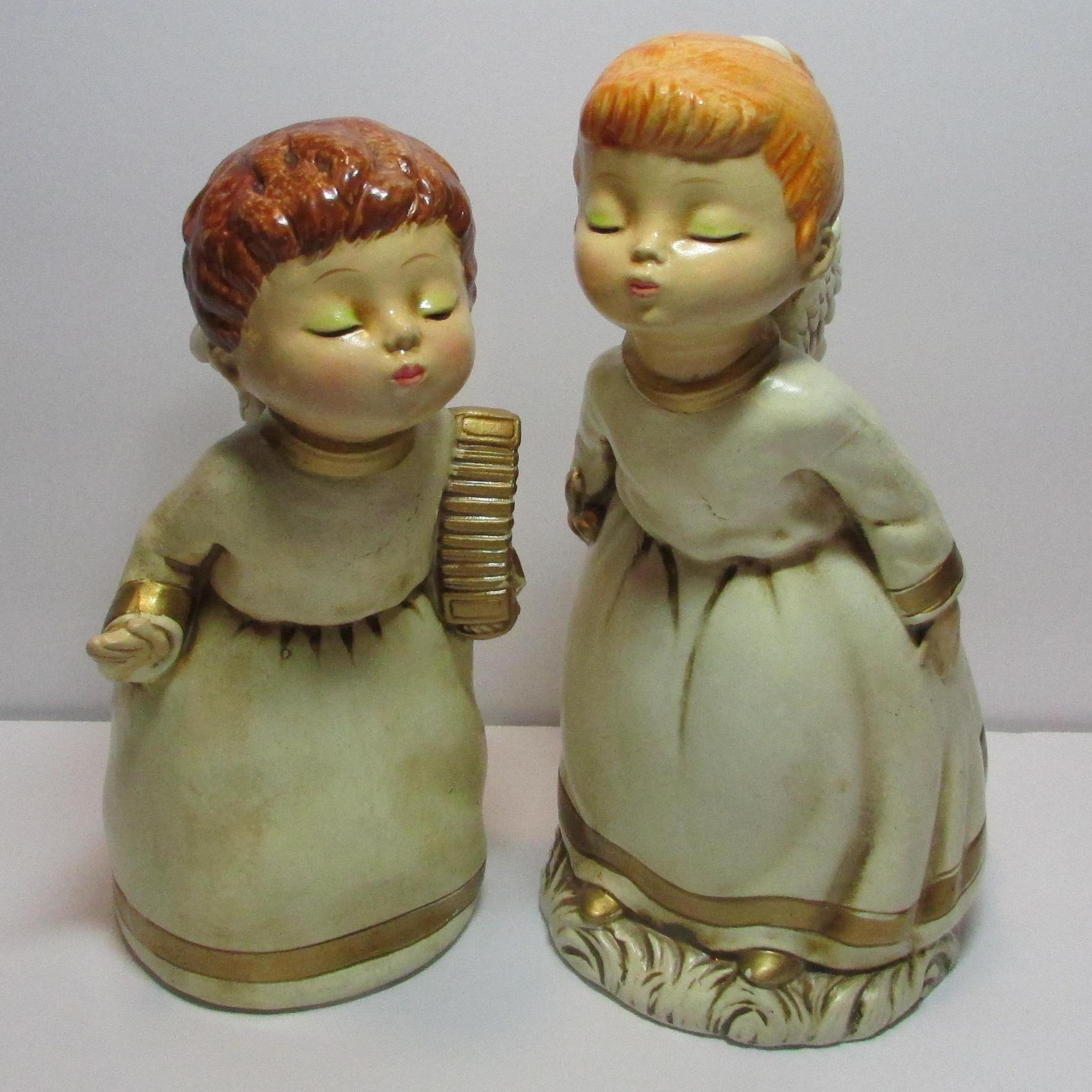 vintage kissing angel pair girl and boy figure Christmas decor damage on boy Japan set