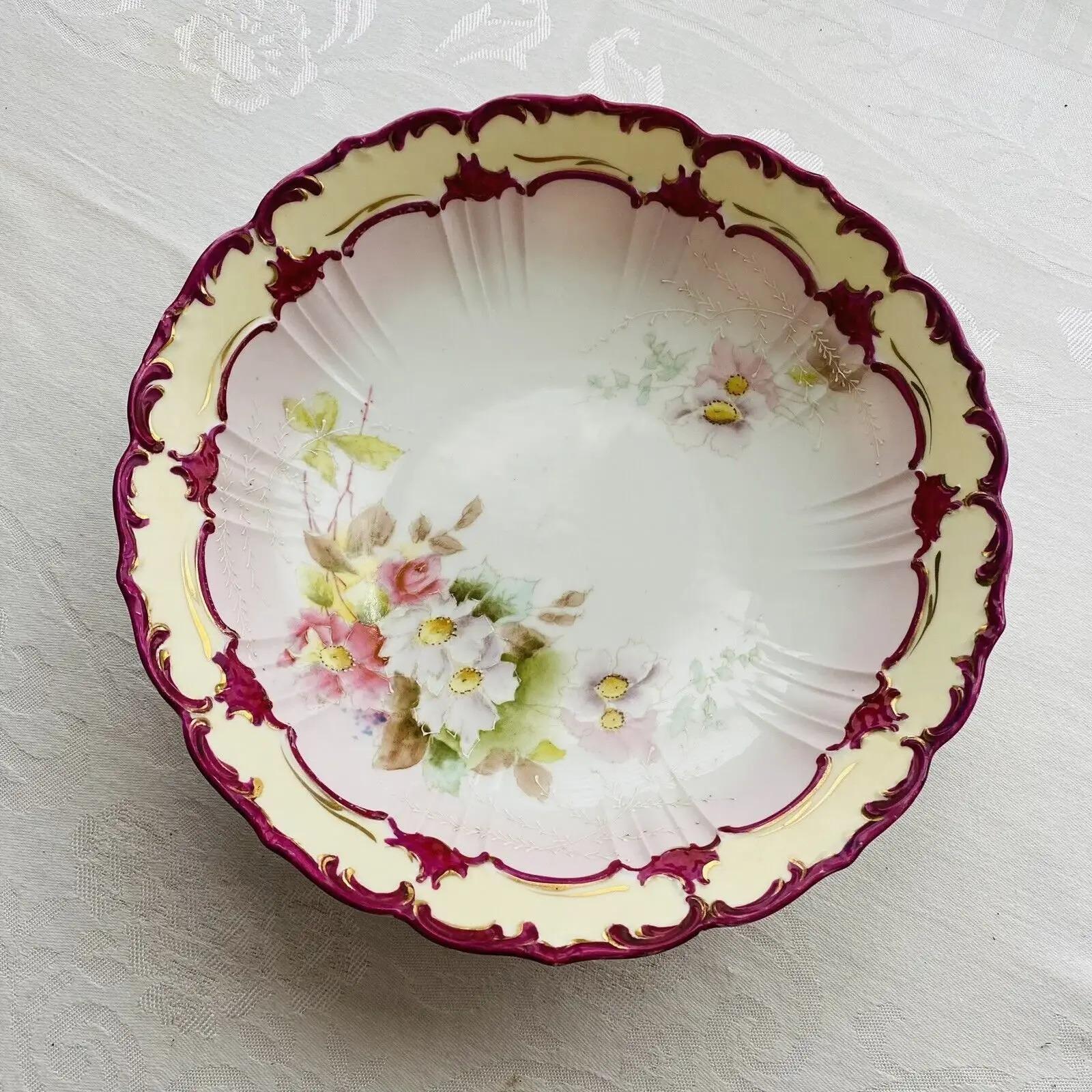 Antique Victorian Handpainted 10 inch Bowl Pink and Floral Porcelain