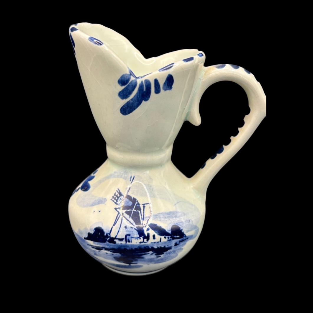 Delft Holland Mini Pitcher Ceramic Hand Painted Windmill Vintage Approx 4”