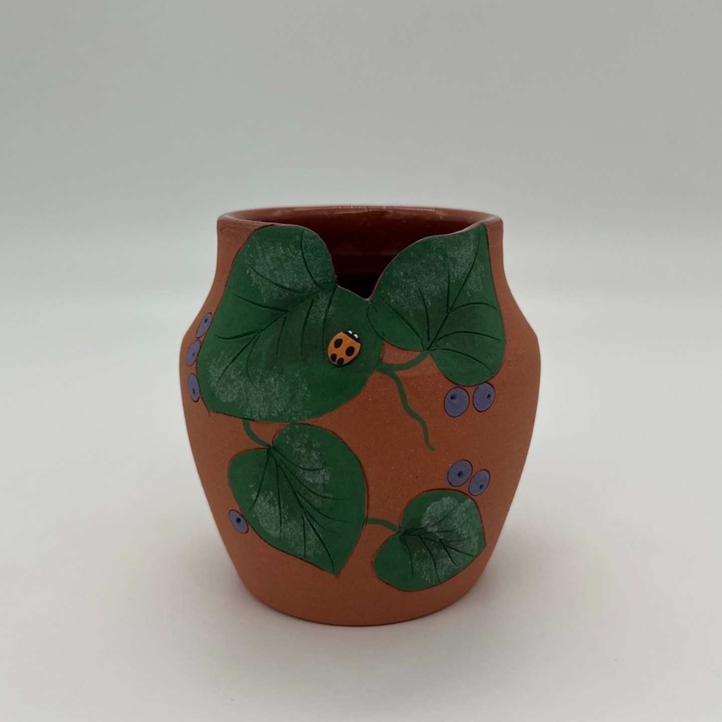 Small Art Pottery Terracotta Blueberry Ladybug Vase Signed P.A.S ...