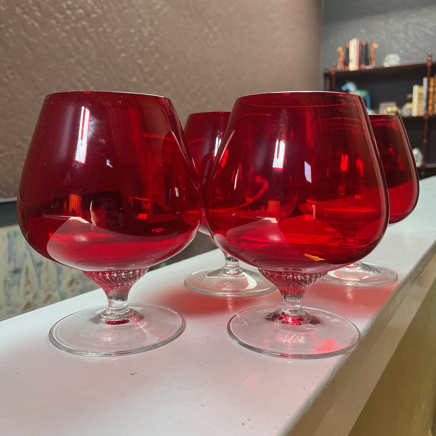 Vintage 60s Twist Stem Ruby Red Crystal Glasses Brandy Cognac Snifters Set Of 4