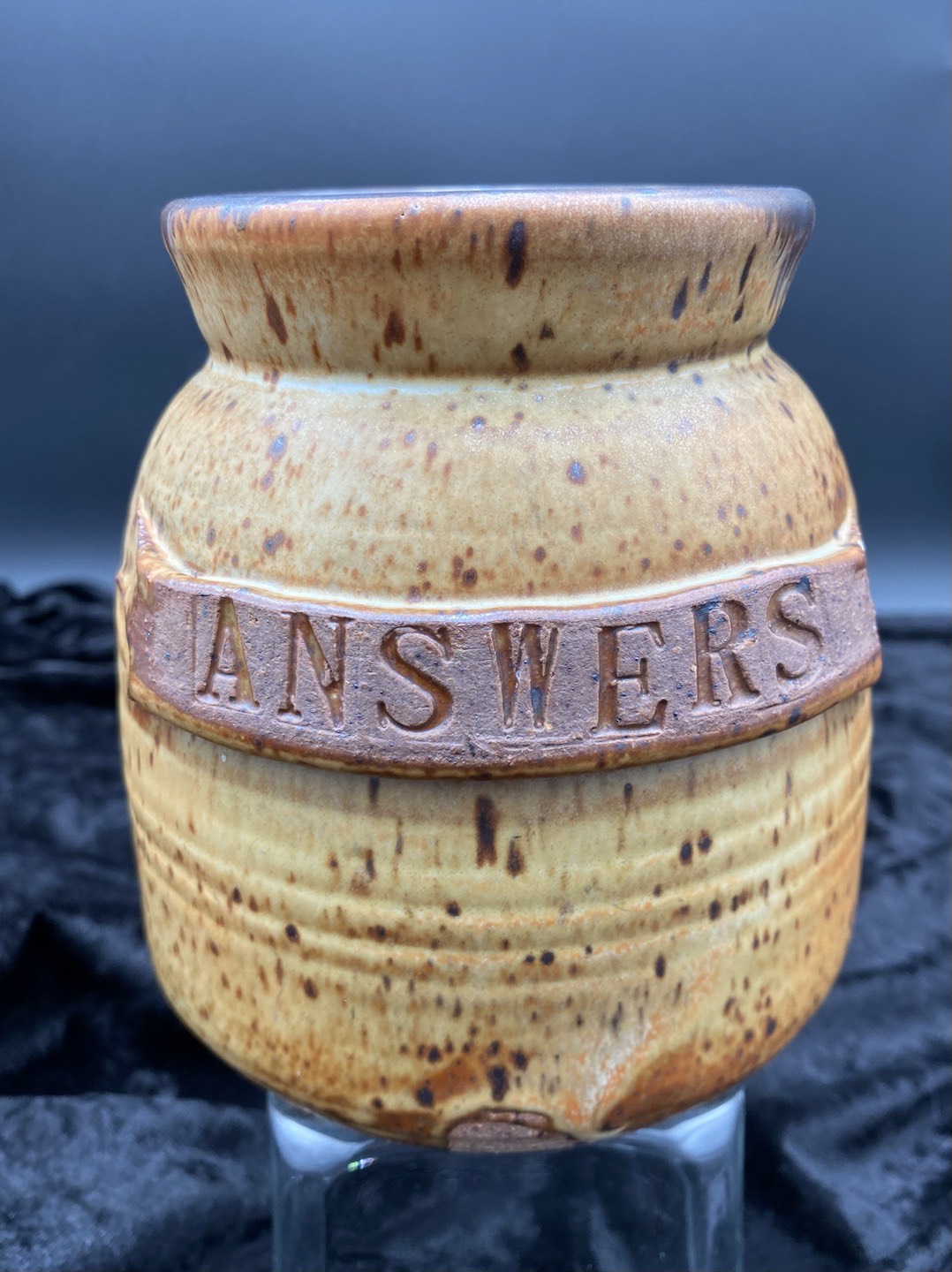 Handmade Pottery Stoneware Jar, "Answers", Signed by Artist, 5.25"