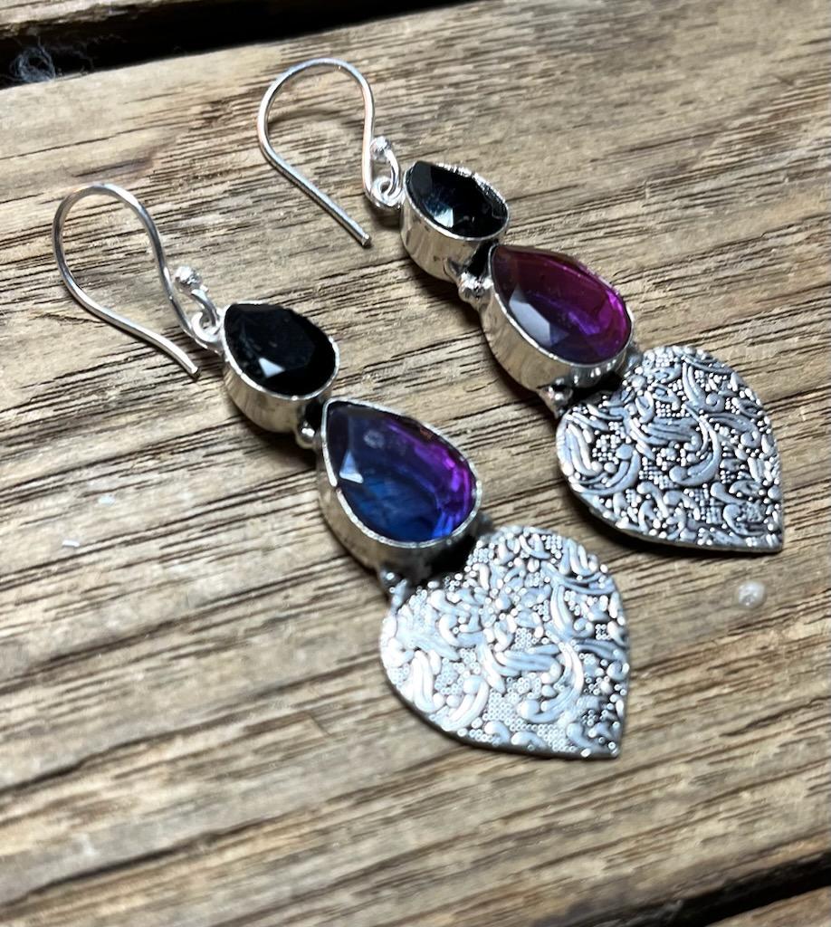 Spinel and Bi-Color Tourmaline 925 Sterling Silver Heart Earrings