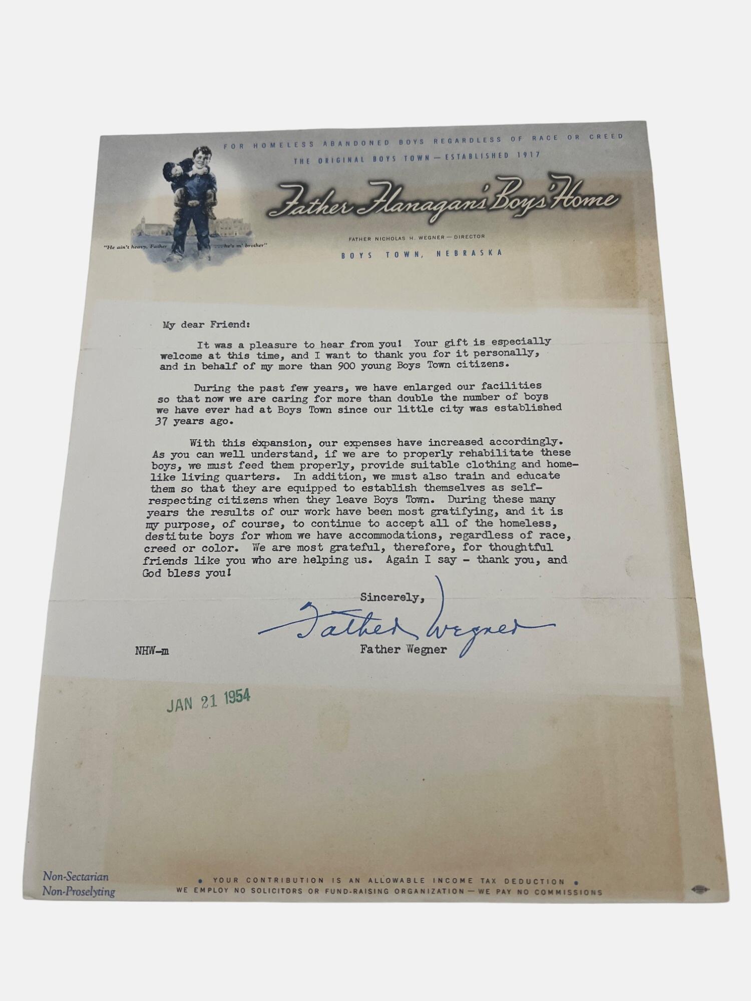 Vintage 1954 Father Flanagan's Boys Home Thank You Letter Father Wegner ...