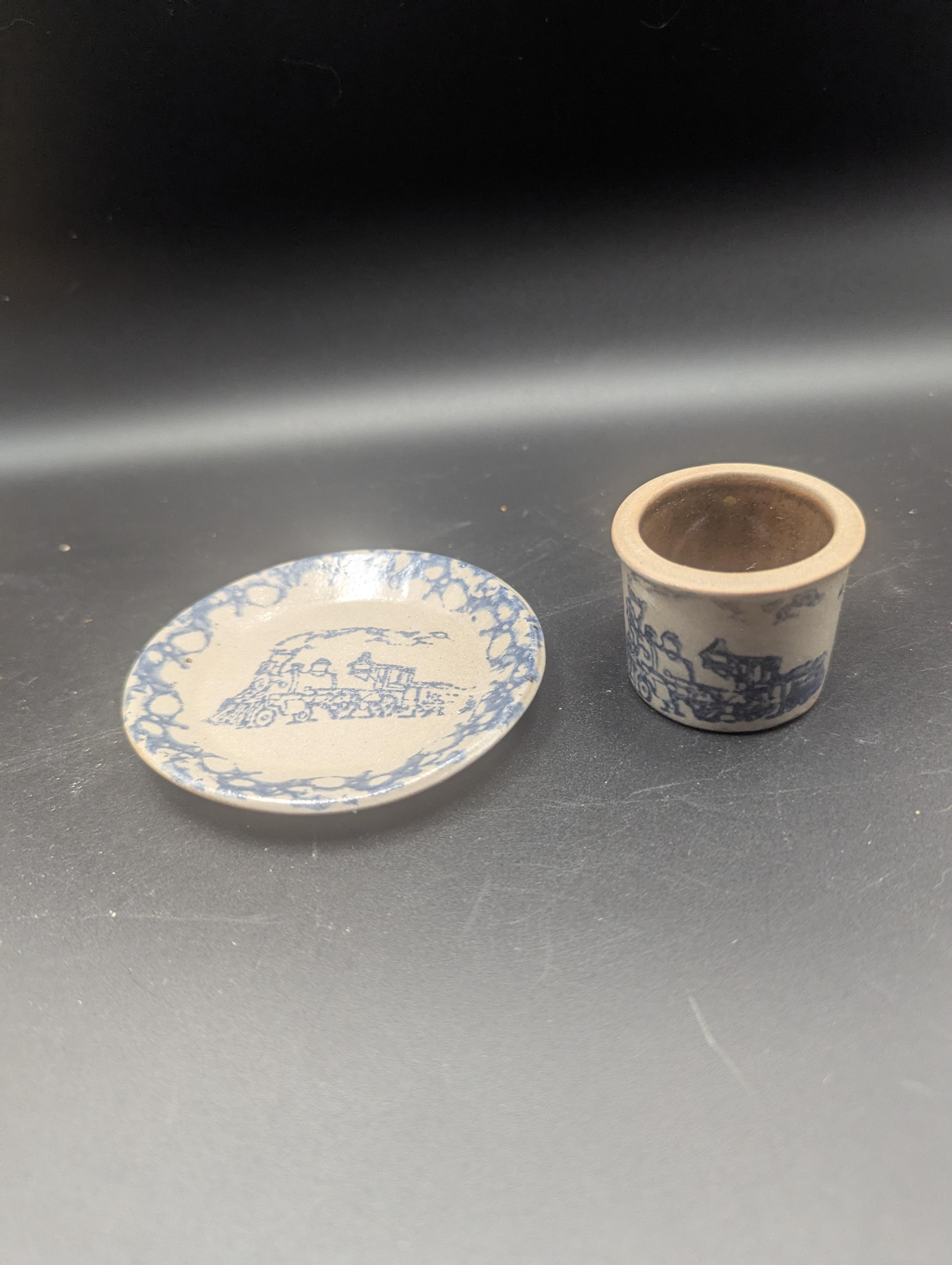 Vintage Butter Pat Stoneware Blue Sponged Stencil Train Teabag Caddy ...