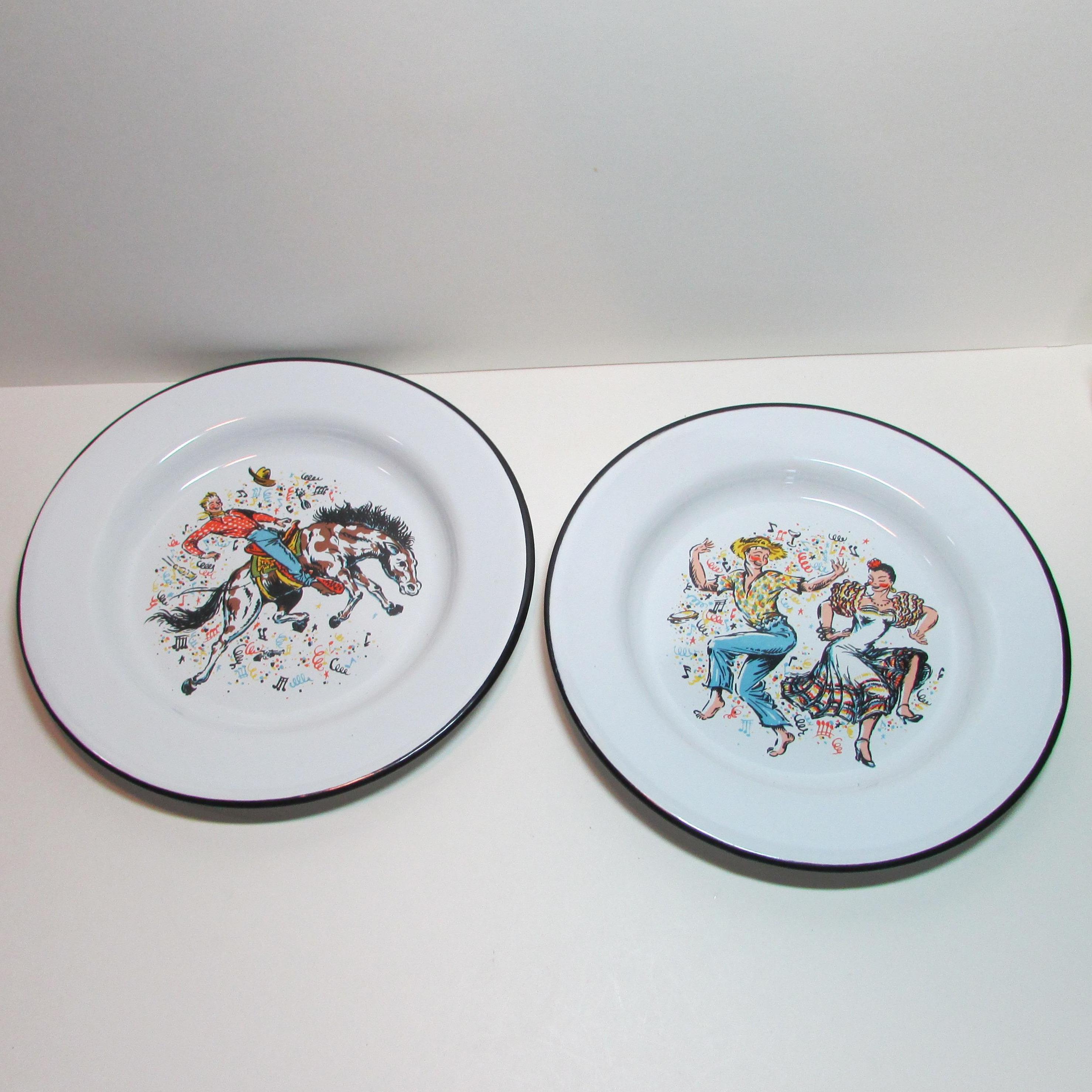 set of 2 vintage rodeo horse rider and dancing couple enamel ware 9 ...