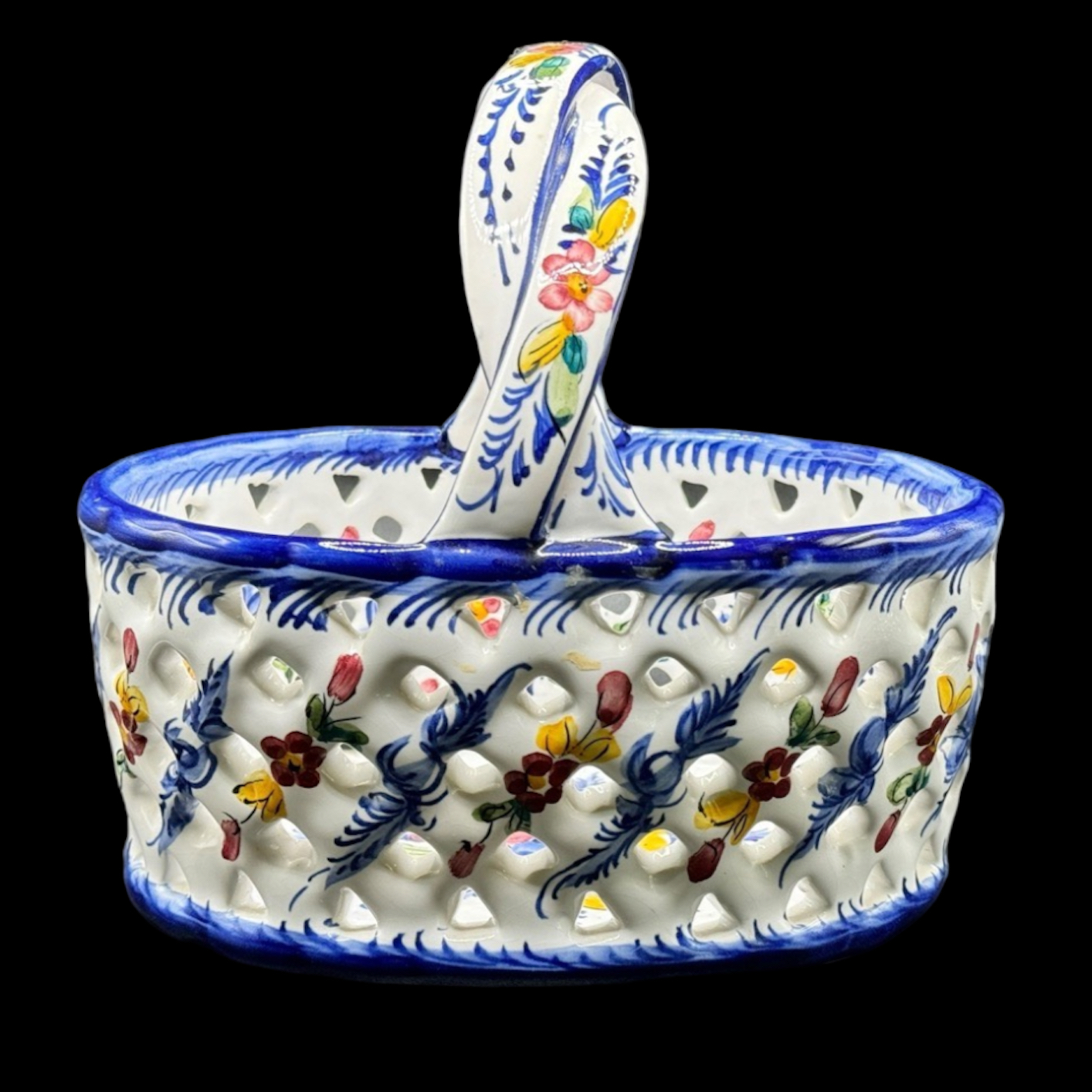 004 Hand Painted Ceramic Woven Basket With Florals Signed Made In Portugal