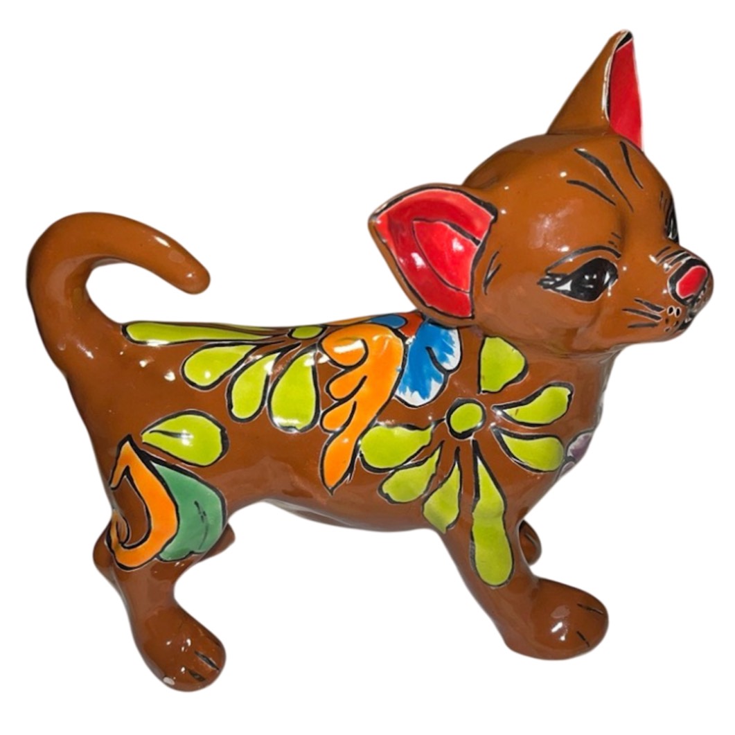Brown Talavera Chihuahua Mexican Pottery Folk Art Puppy Dog Animal 7”x8”