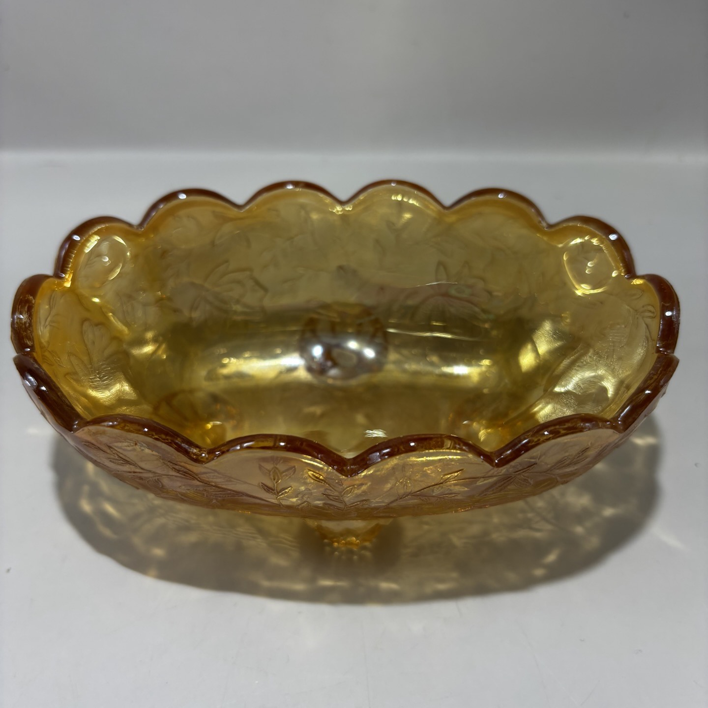 Vintage Jeannette Iridescent Carnival Marigold Glass Oval Bowl In The ...
