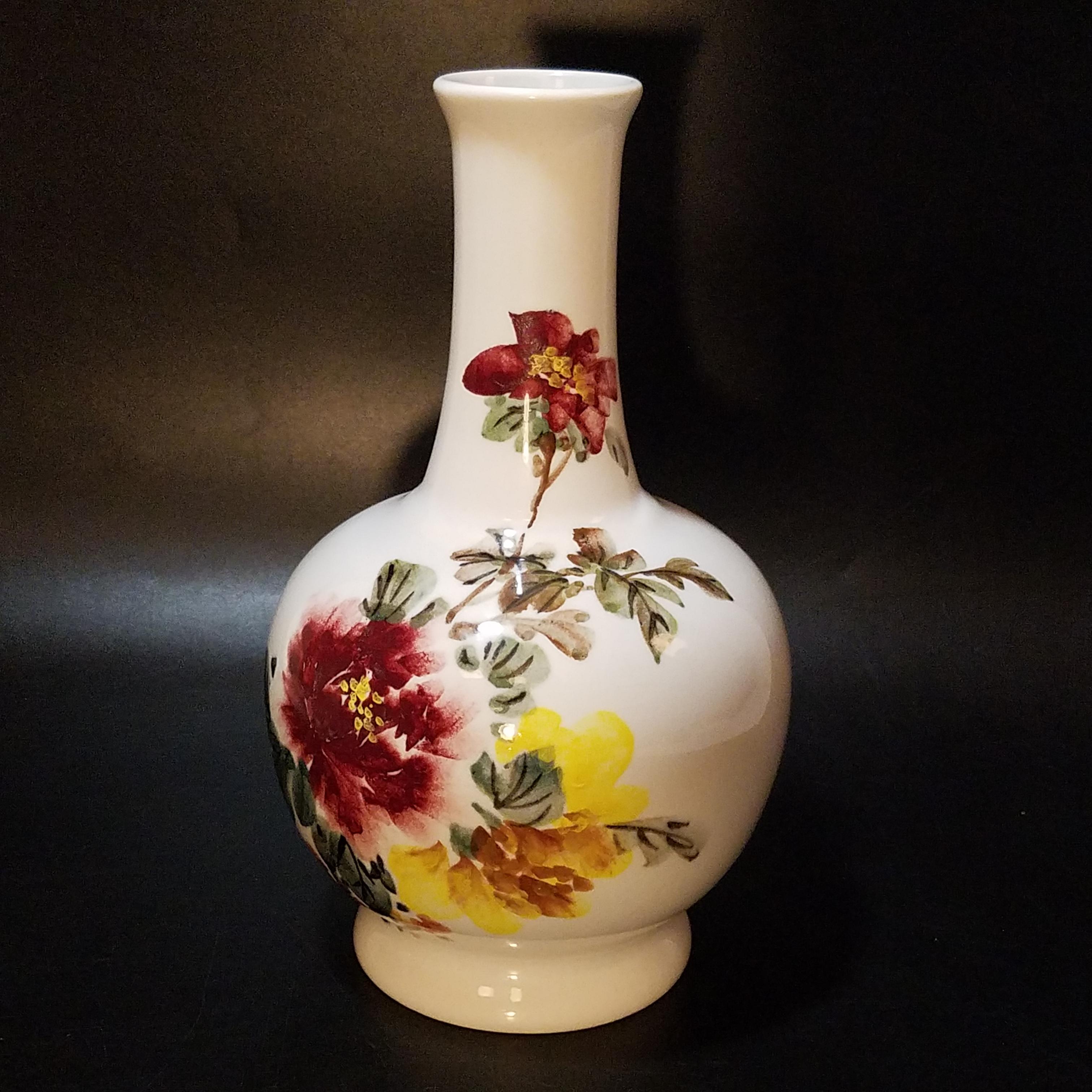 Vintage White Ceramic Vase Hand Painted Ceramic Floral Pattern Marked