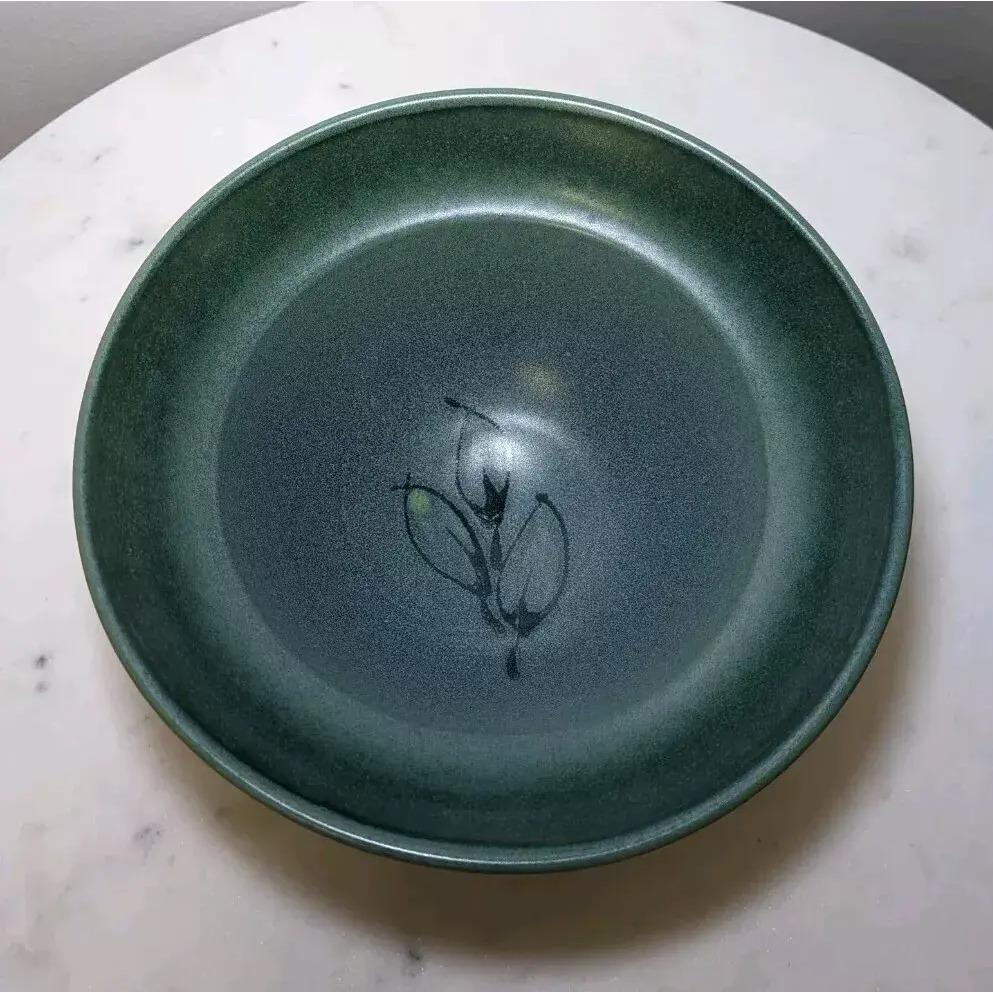 Studio Pottery Ceramic Rustic Bowl Teal Blue Artist Signed Leaf Pattern 8"