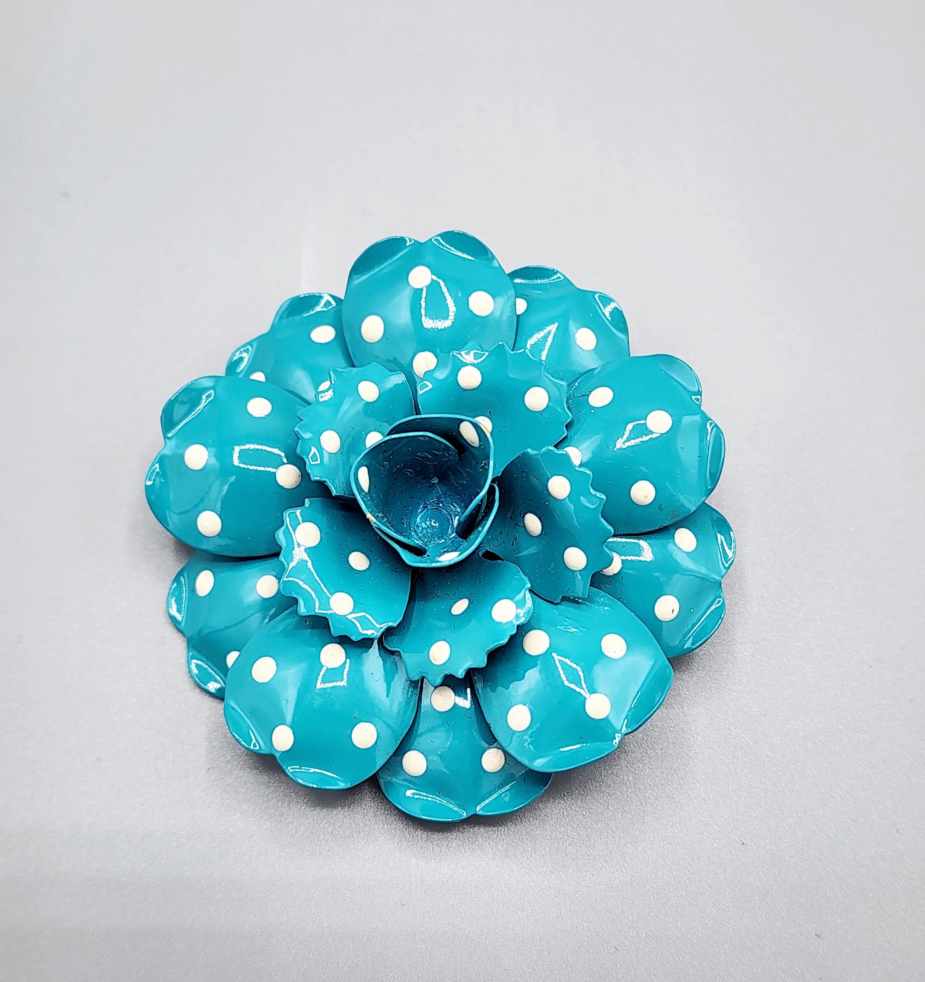 009 Vintage Joan Rivers Blue Polkadot Enamel Flower Brooch 2 1/2"