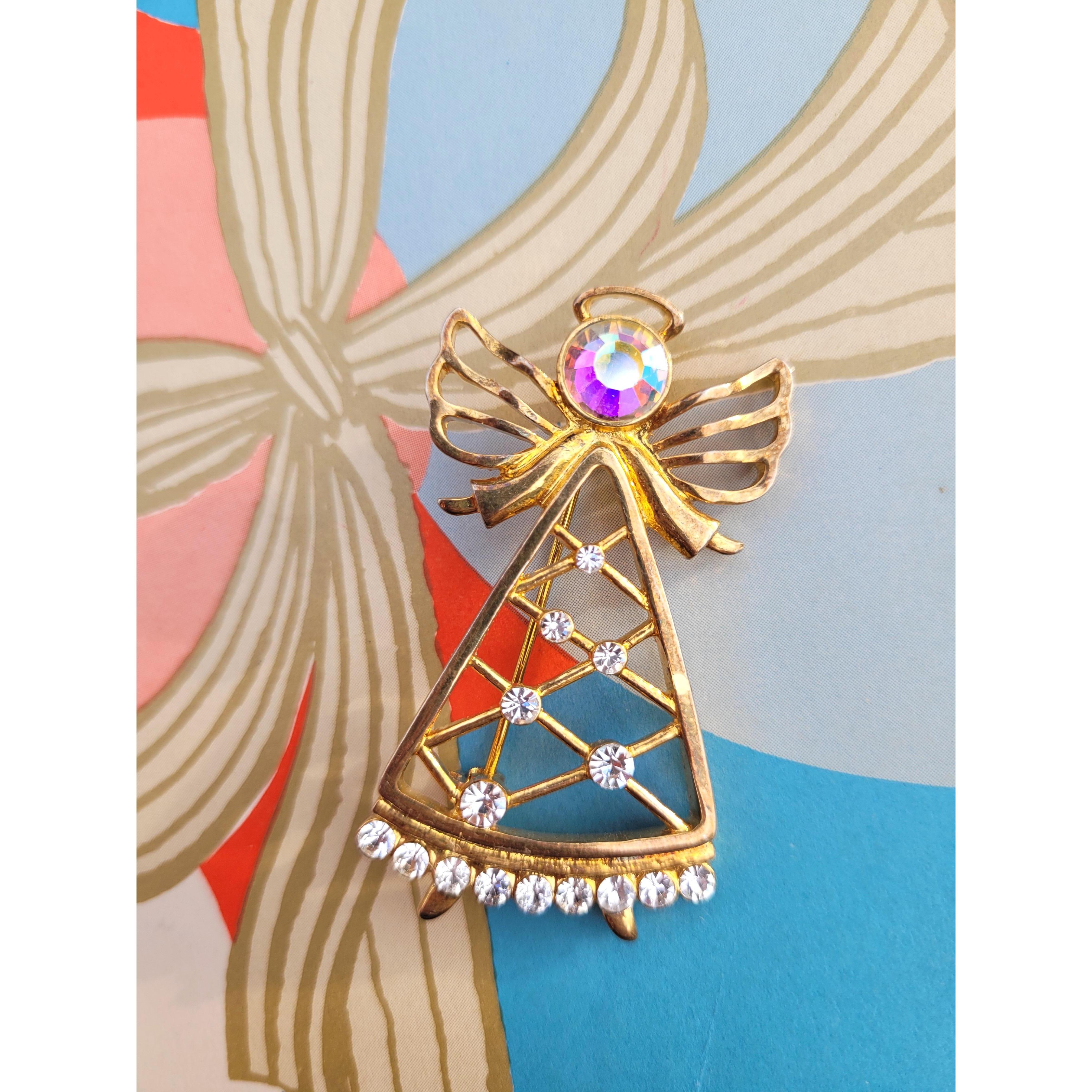 Vintage EISENBERG ICE Holiday Angel Aurora Borealis Rhinestone Brooch Pin