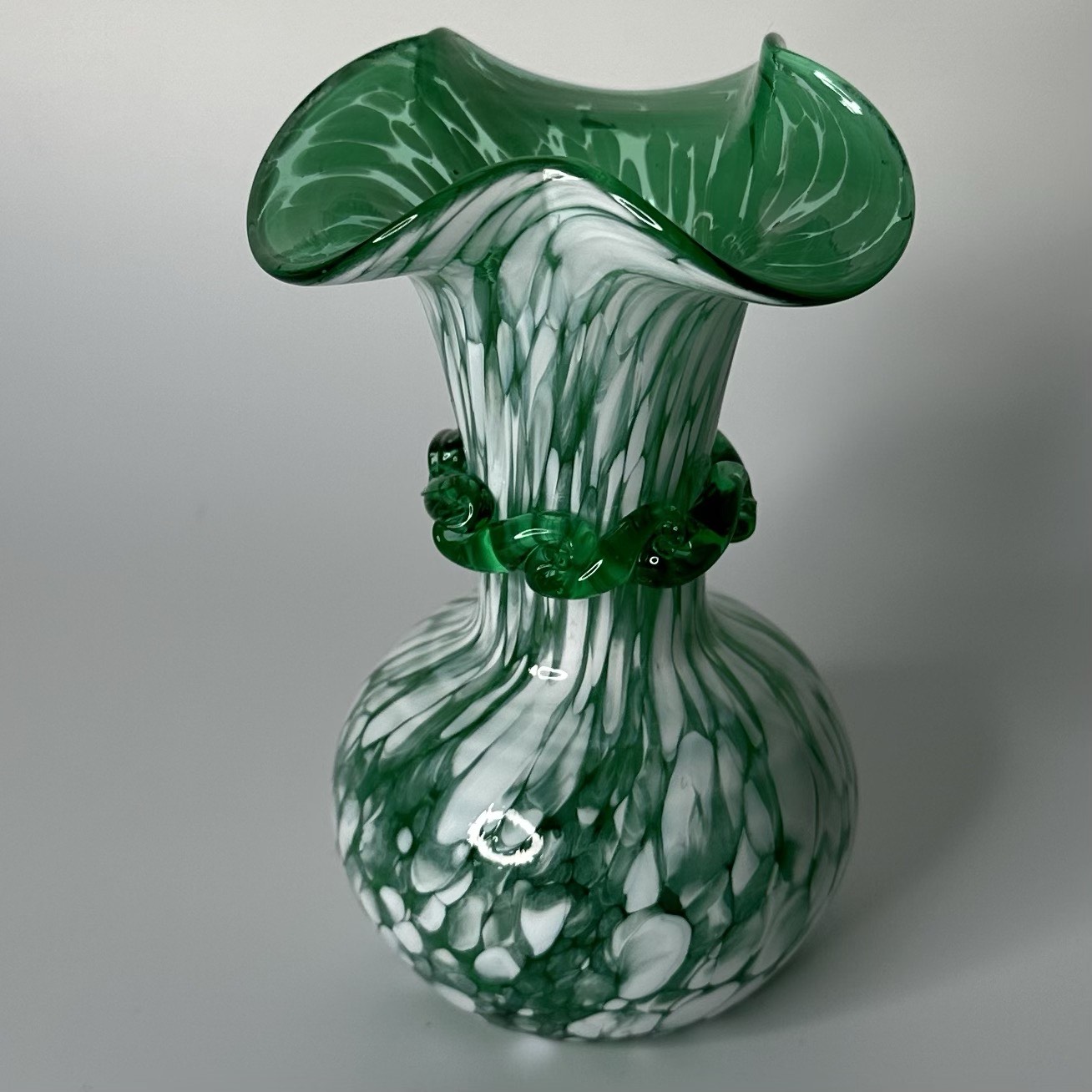 Small Splatter Glass Vase With Ruffled Top & Applied Detail -Green and ...