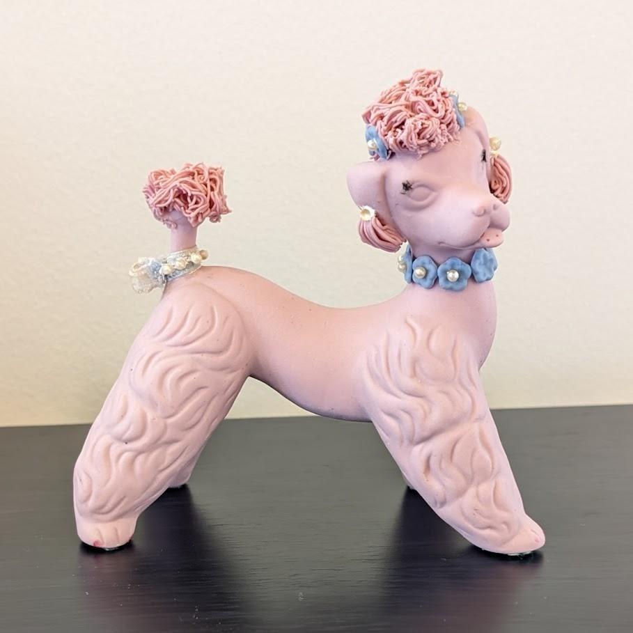 Vintage MCM Matte Pink Spaghetti Poodle Figurine Blue Flowers Collar ...
