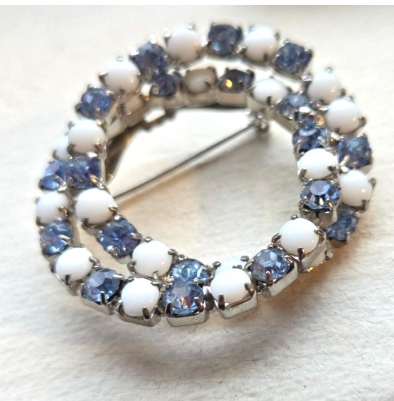 Vintage MILK GLASS Blue Rhinestone DUAL HOOP PIN BROOCH Jewelry