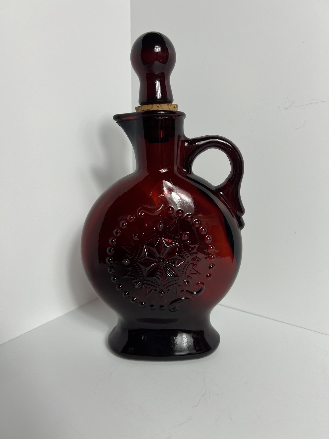 Vintage Ruby Red Glass Decanter with Star Pattern.