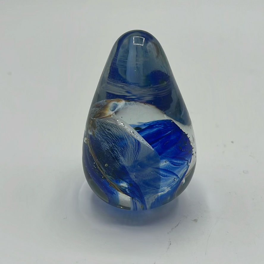 Kerry Glass Ireland Blue White Copper Swirl Egg Shape Mini Paperweight