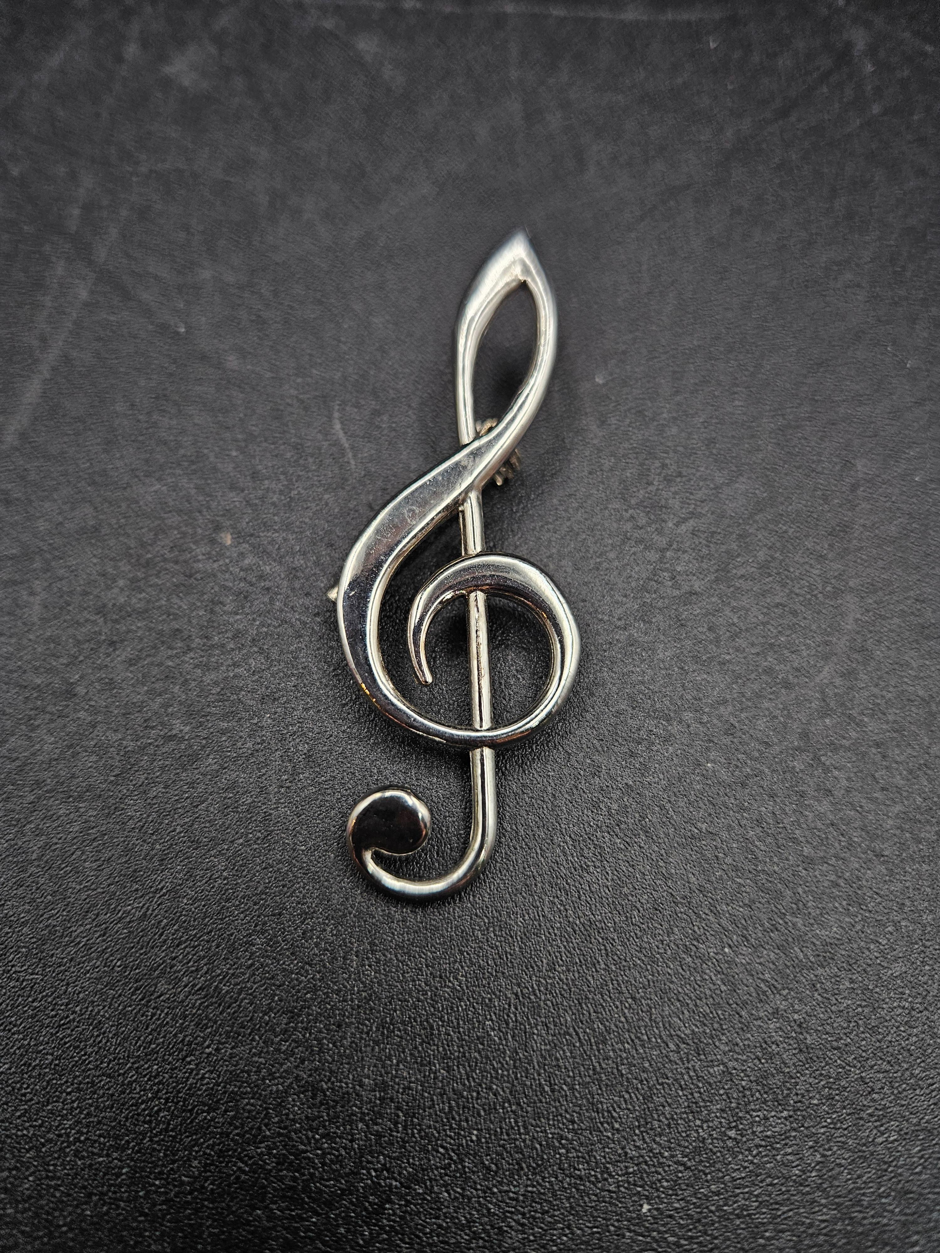Vintage Treble Clef Music Note Brooch Pin Silver Tone 2"