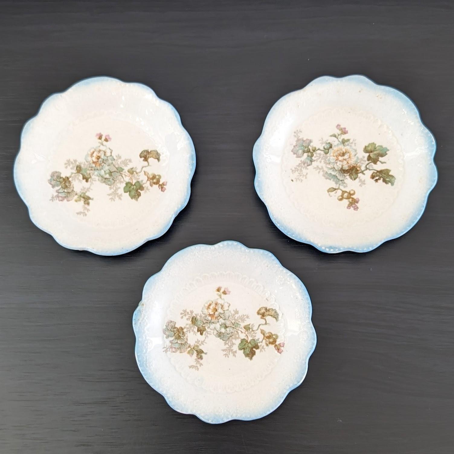 Antique Set of 3 W H Grindley Butter Pat Dishes Blue Trim Florals ...