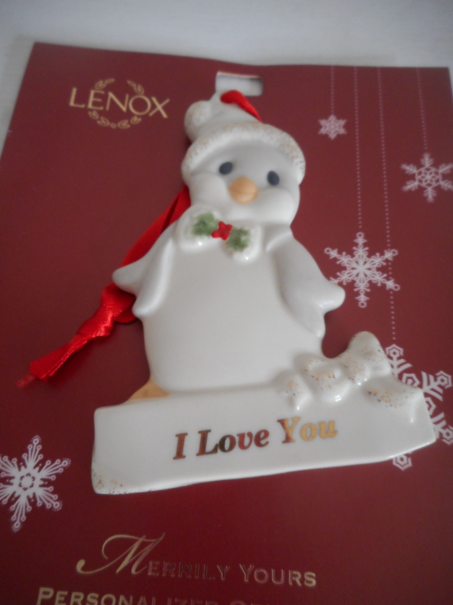 NIB LENOX Penguin I LOVE YOU White Gold Glitter 3.5" Ornament