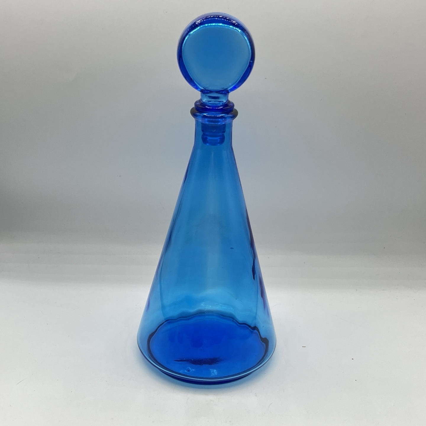 Vintage Electric Blue Glass Cone-Shaped Bottle With Stopper 11”