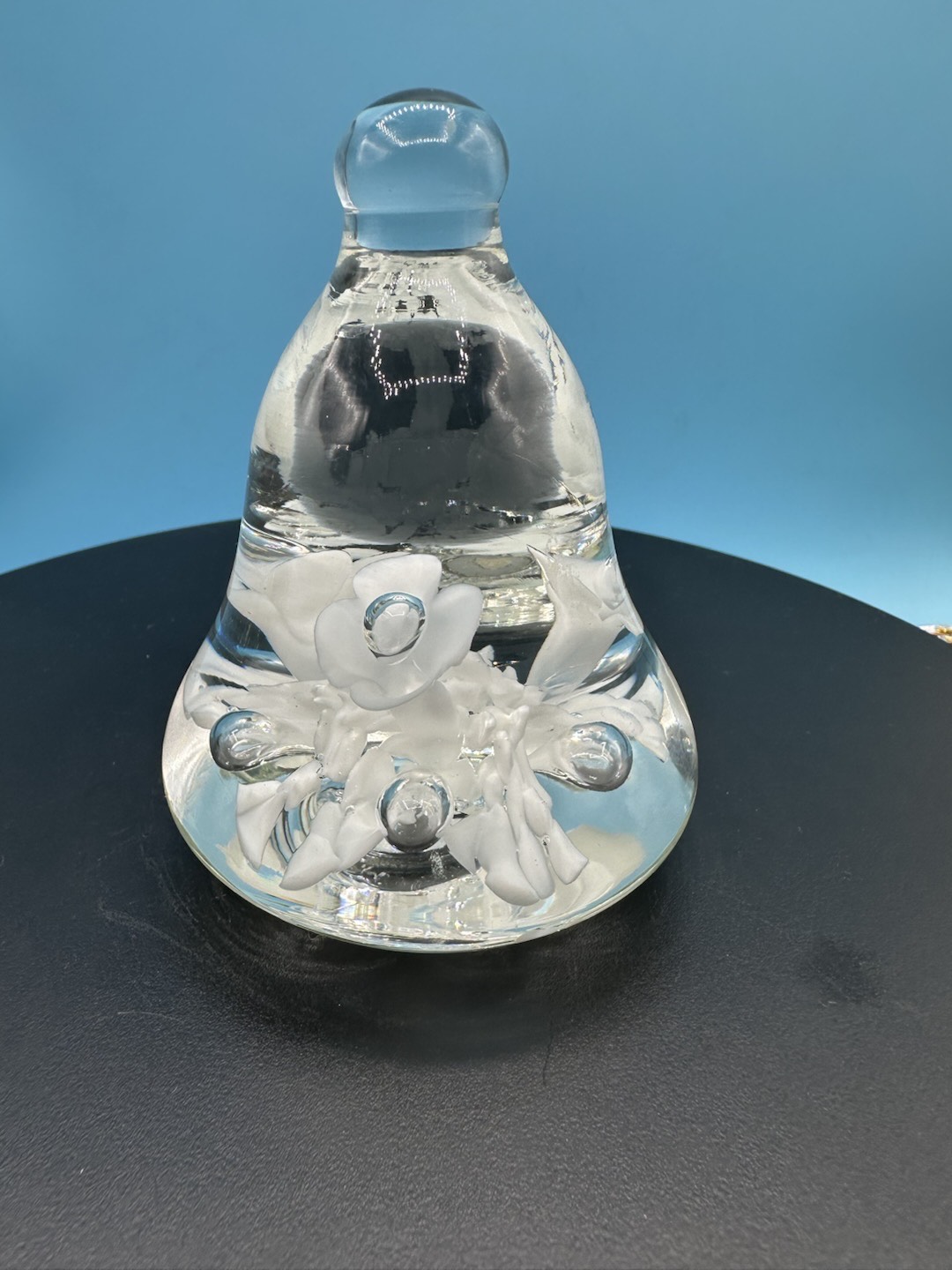 Joe Rice Art Glass Bell Shaped Paperweight White Flowers, controlled ...