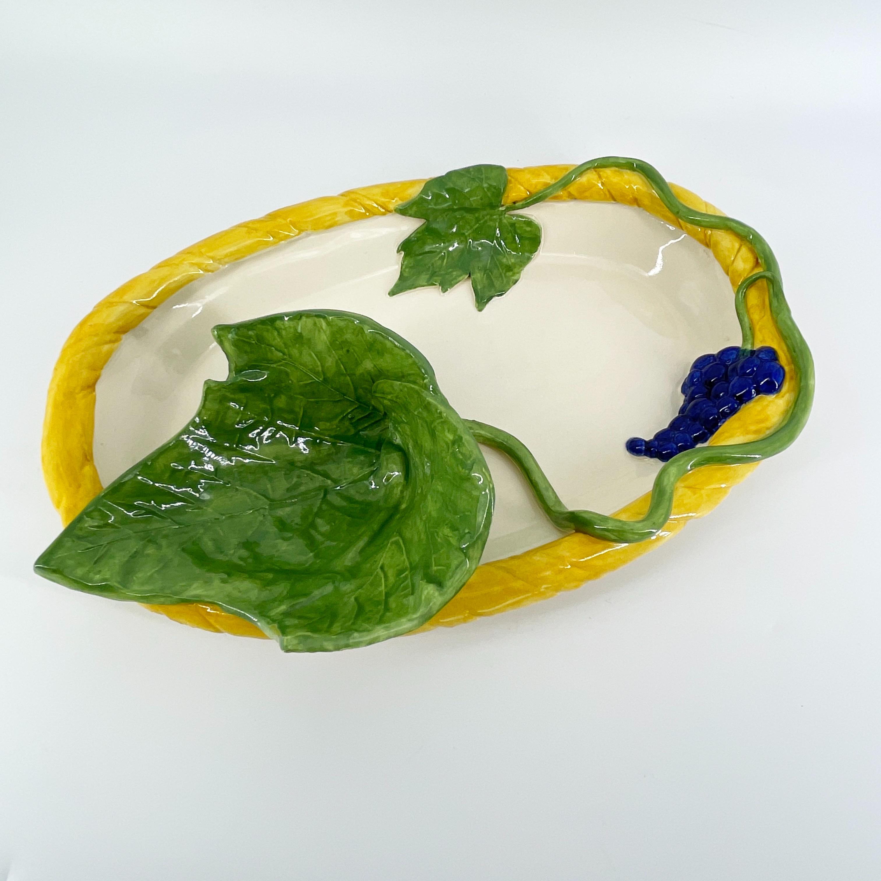 Signed Leone Art Pottery Chip & Dip Grapevine Leaf Bowl Hand Painted