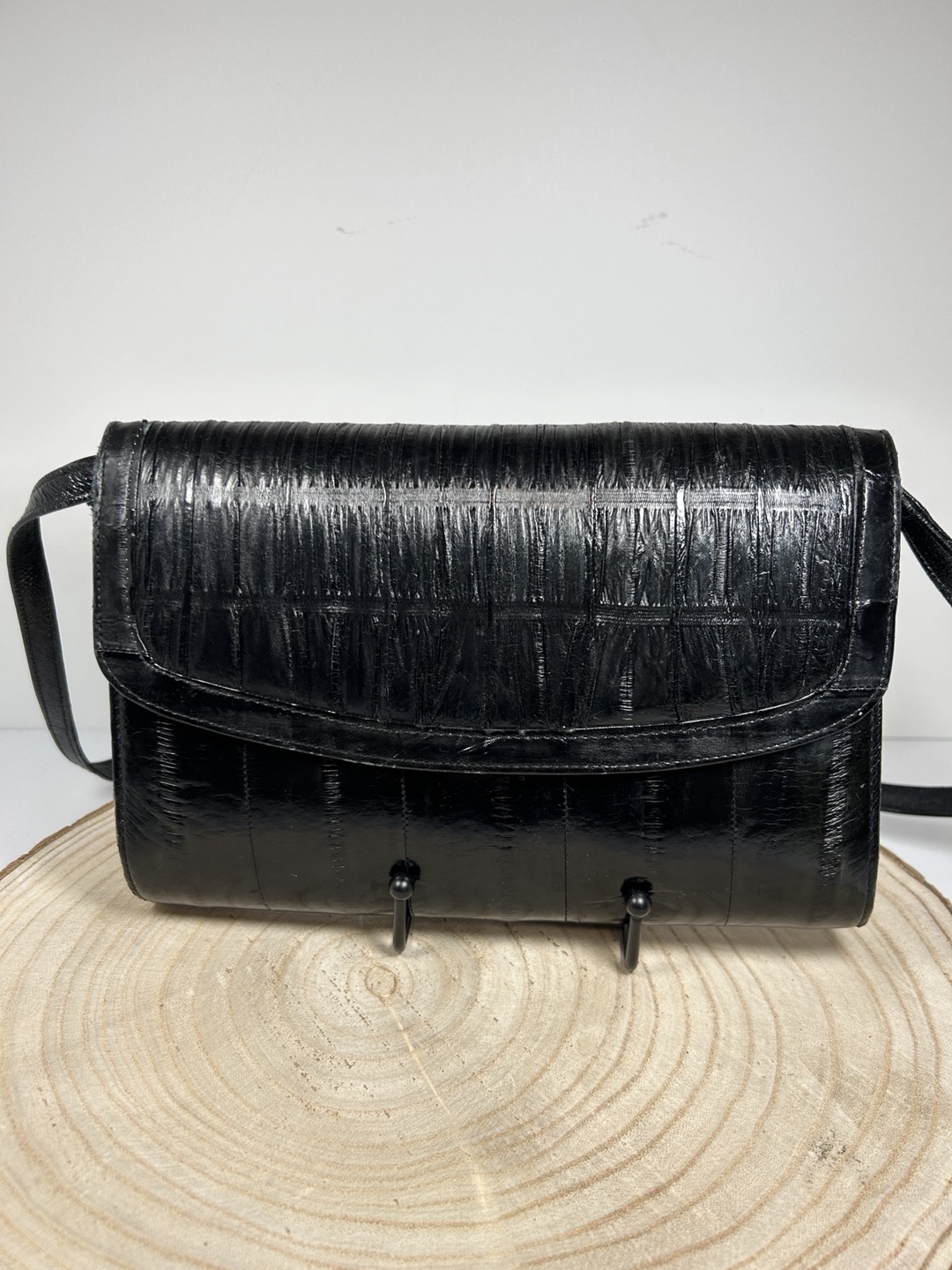 Vtg Ladies Genuine Eel Skin Black Shoulder Bag Clutch Purse Handbag 9X6