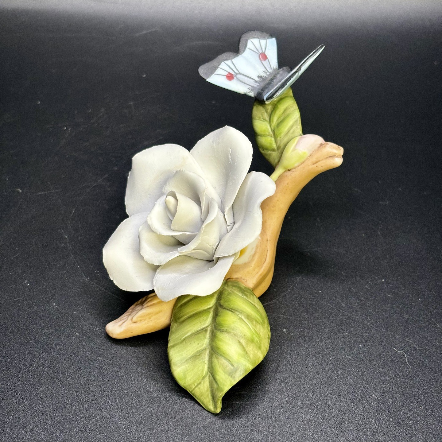 Lefton 1991 Pink Rose White Flower On Branch with Butterfly 2.5”