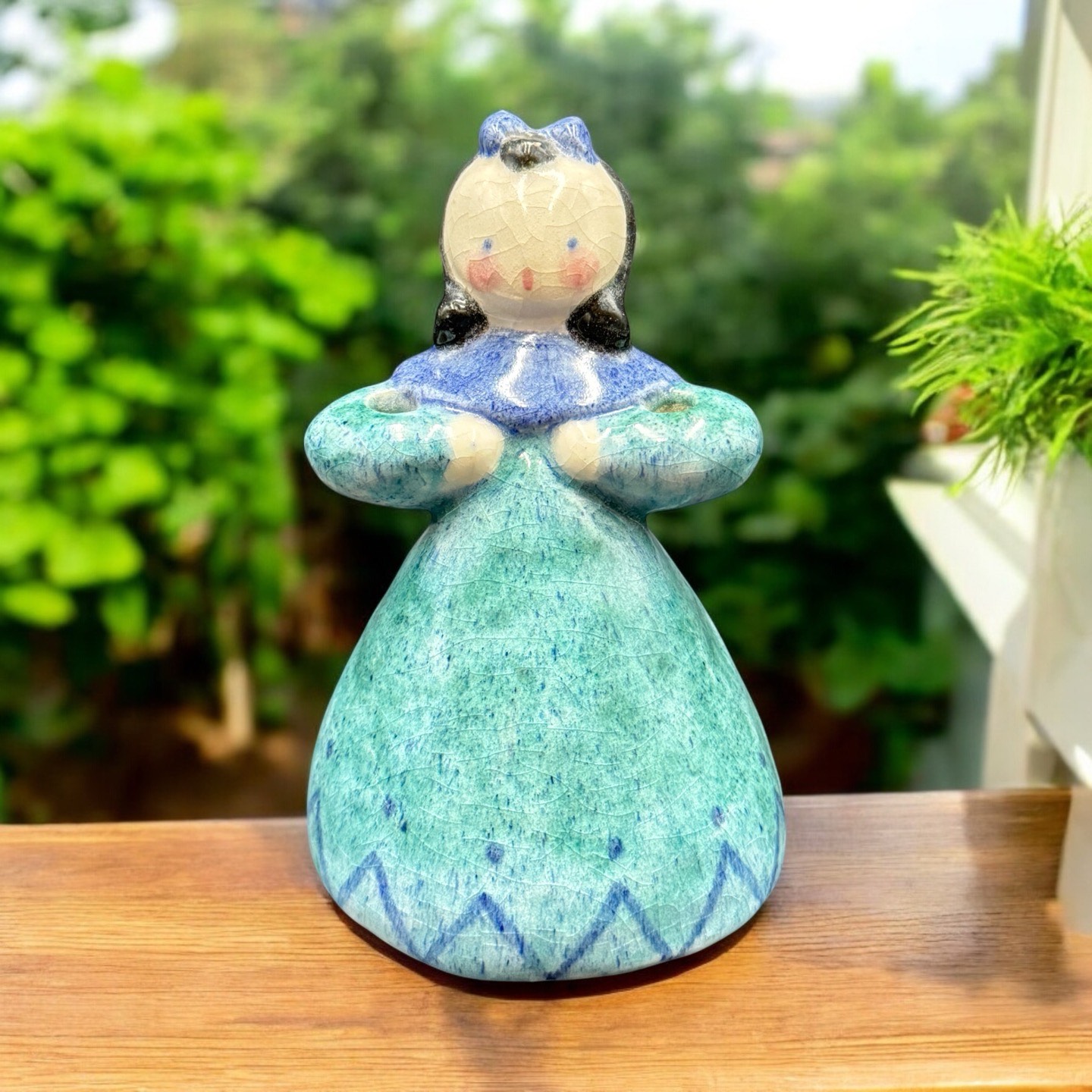 Blue Glazed Flower Girl Figurine Karl Roma 5" Artis Signed Crazing
