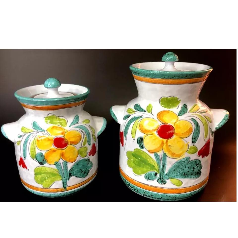 Set of 2 Vintage Made in Italy Floral Pottery Jars Canisters w/ Lids ...