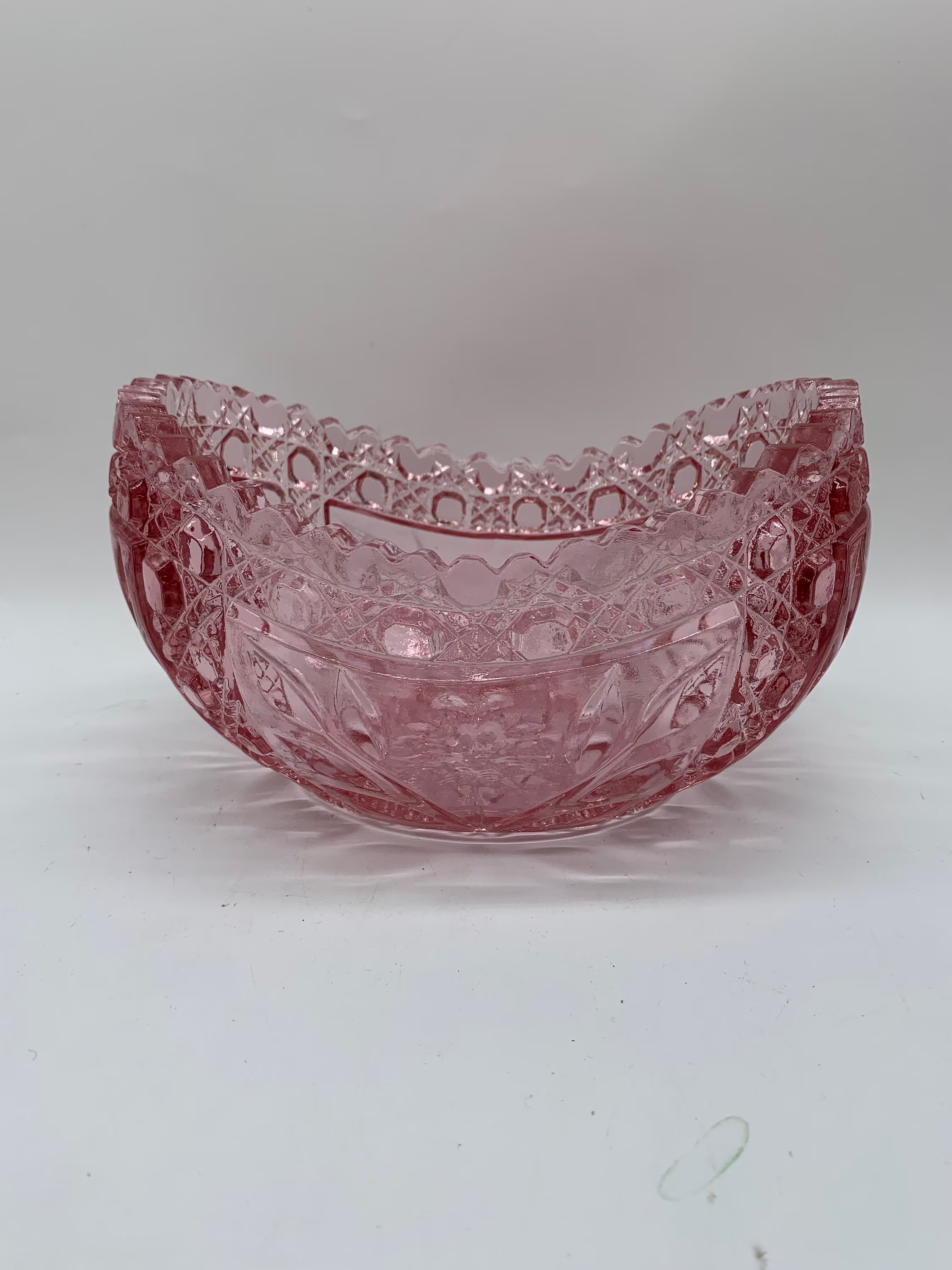 Carnival Pink Cut Glass Oval Sawtooth Bowl Button Pattern Heavy Rare