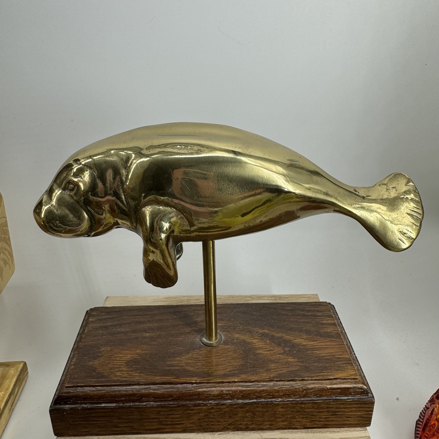 #05 Manatee Brass Figure Wooden Base About 6”long