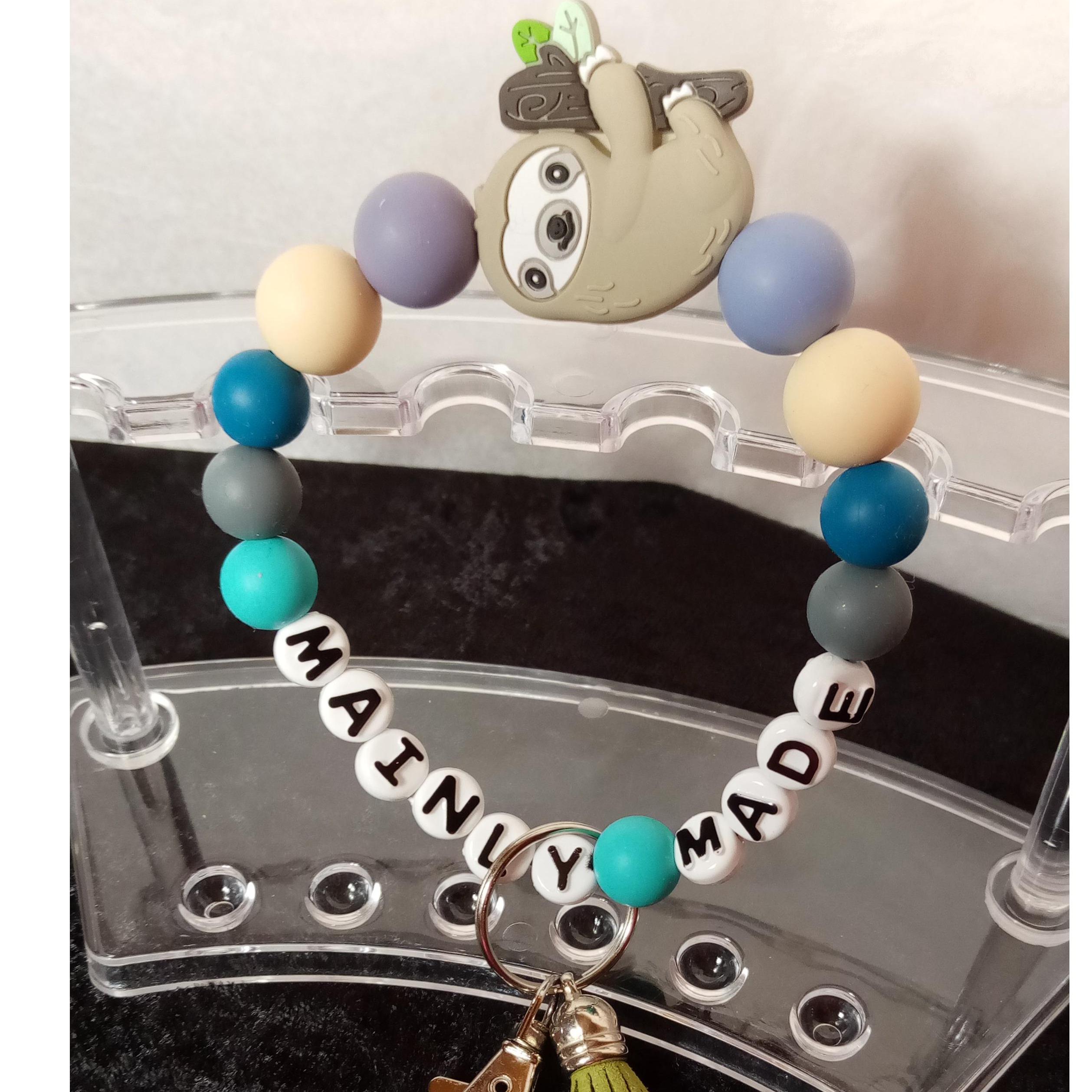 Handmade 'Mainly Made' Sloth Beaded Keychain Wristlet Stretch.