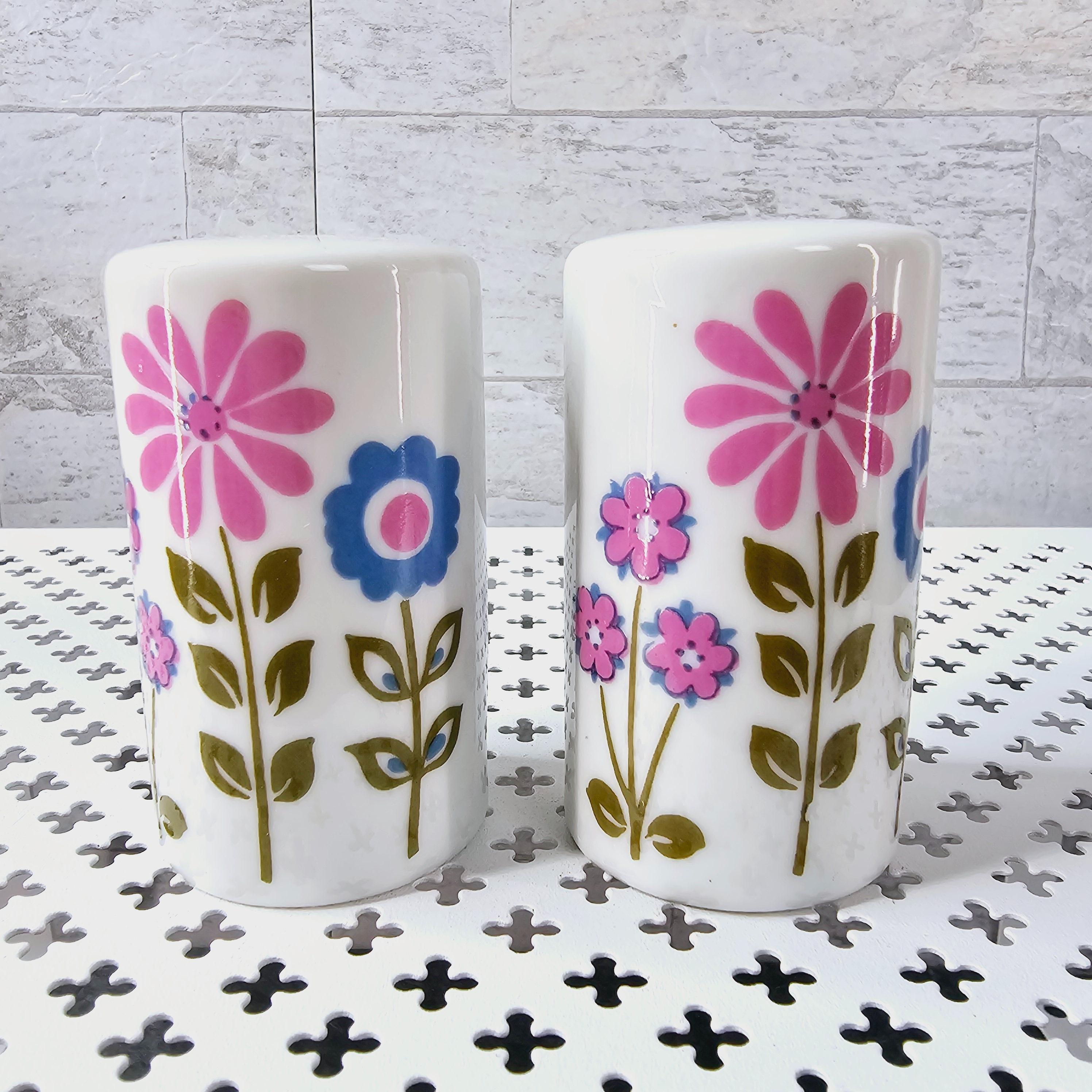 30 - Vintage MCM MOD Pink Blue Flowers Salt and Pepper Shakers