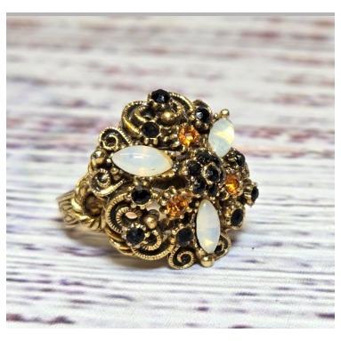 VTG FLORENZA Signed Gold Tone Dome Moonglow Ring Onyx Citrine Rhinestone