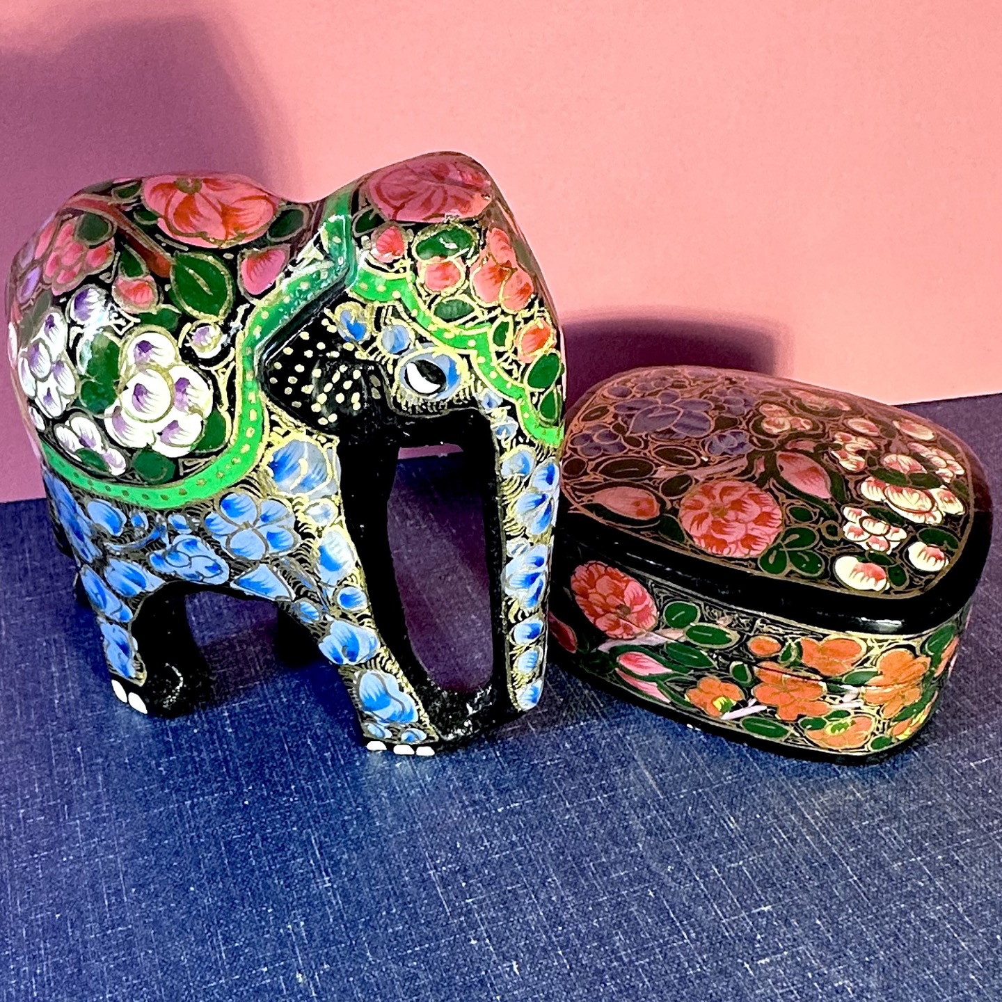 Vintage Matching Papier-mâché Elephant and Trim Key Box Set 2 Pcs Color ...