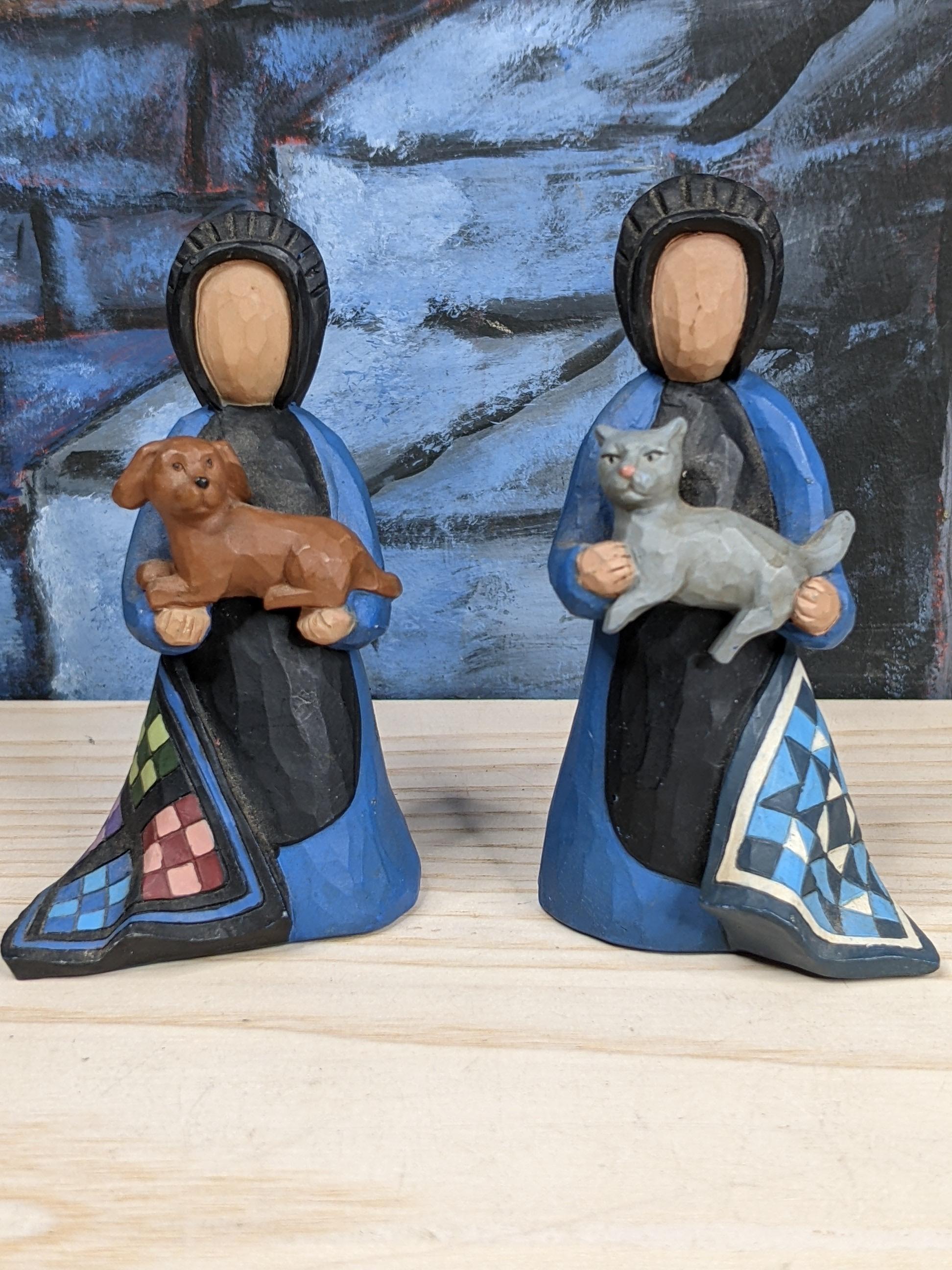 2 Esther O'Hara Clay Amish Woman Cat Dog With Quilts Figurine 3.5" Gift ...