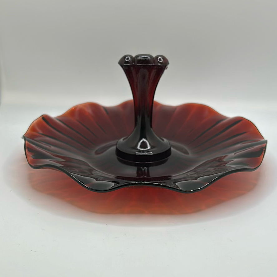 Anchor Hocking Ruby Red Glass Handled Plate Serving Tidbit Candy Fluted 6"
