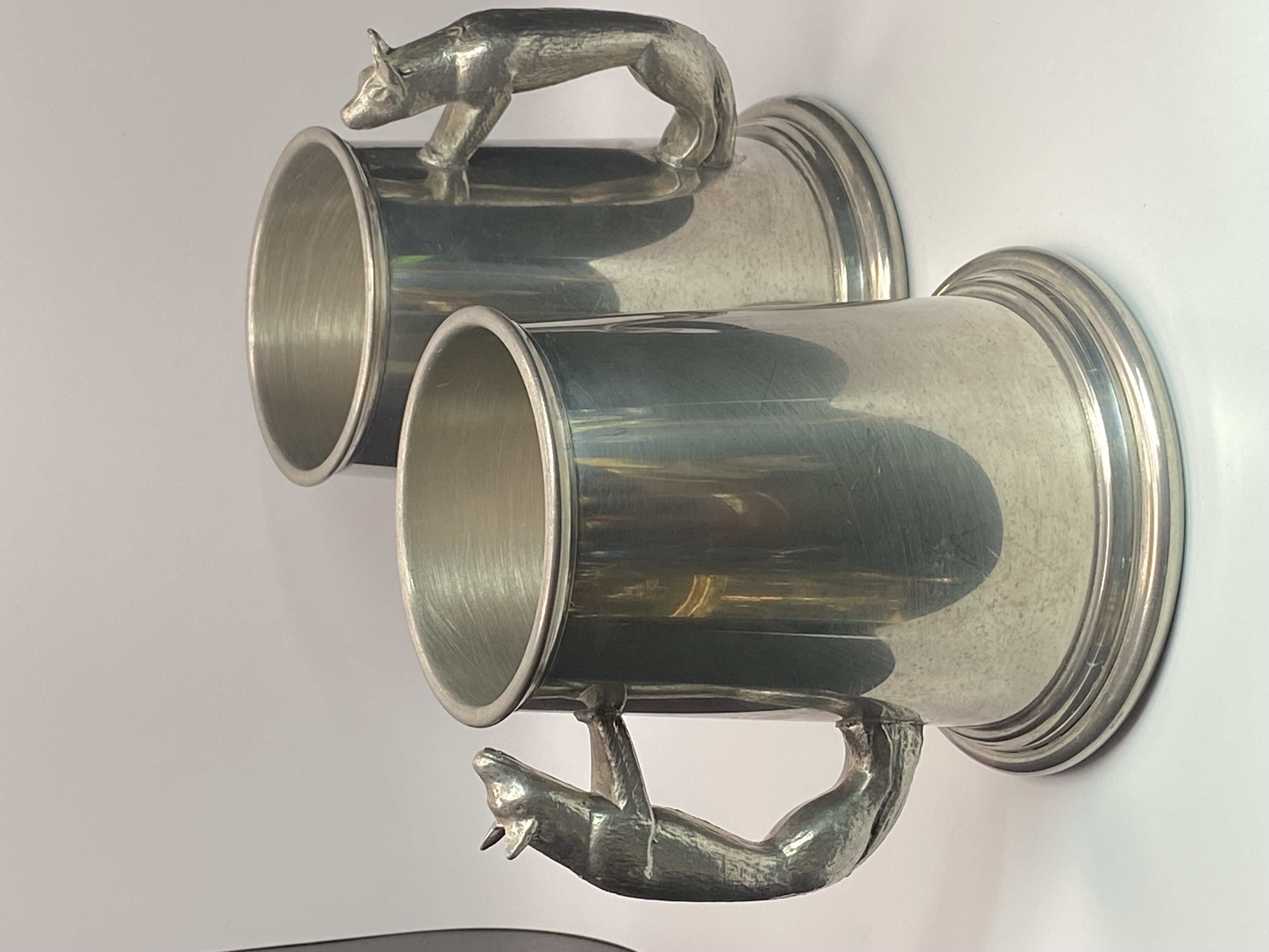 2 Vintage Sheffield Pewter Fox Handle Steins, Made in England, 5" Tall