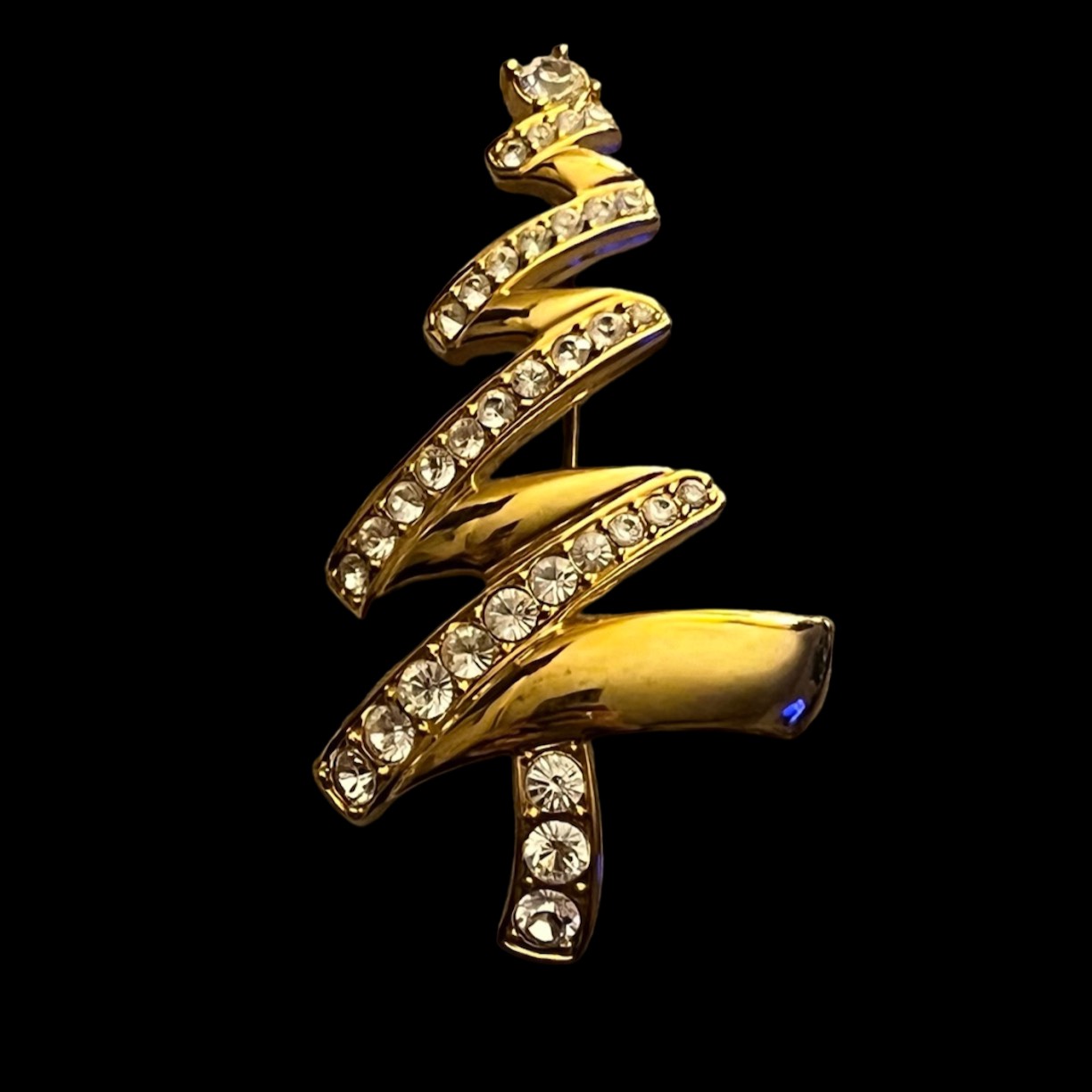 Vintage Monet Signed Abstract Rhinestone Christmas Tree Goldtone Brooch