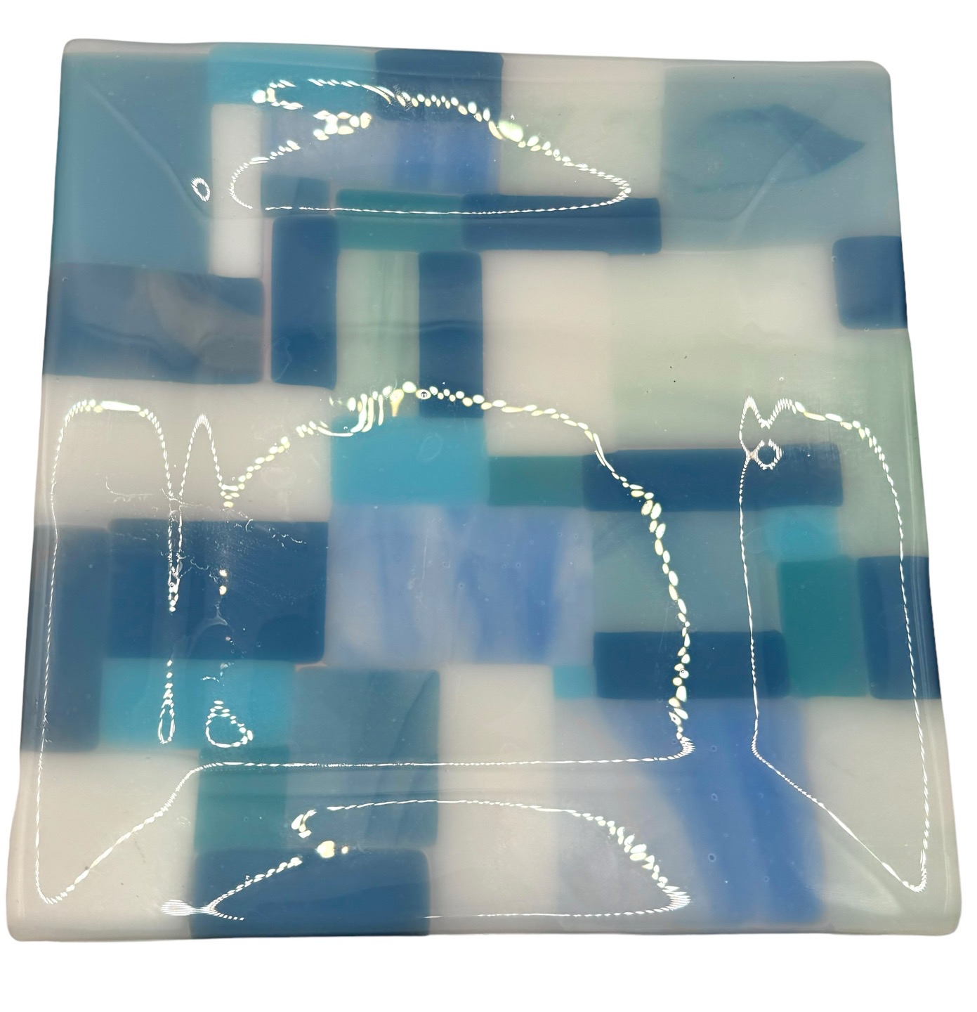 Fused Studio Art Glass Plate Tray Geometric Cool Tones Blue White Black ...