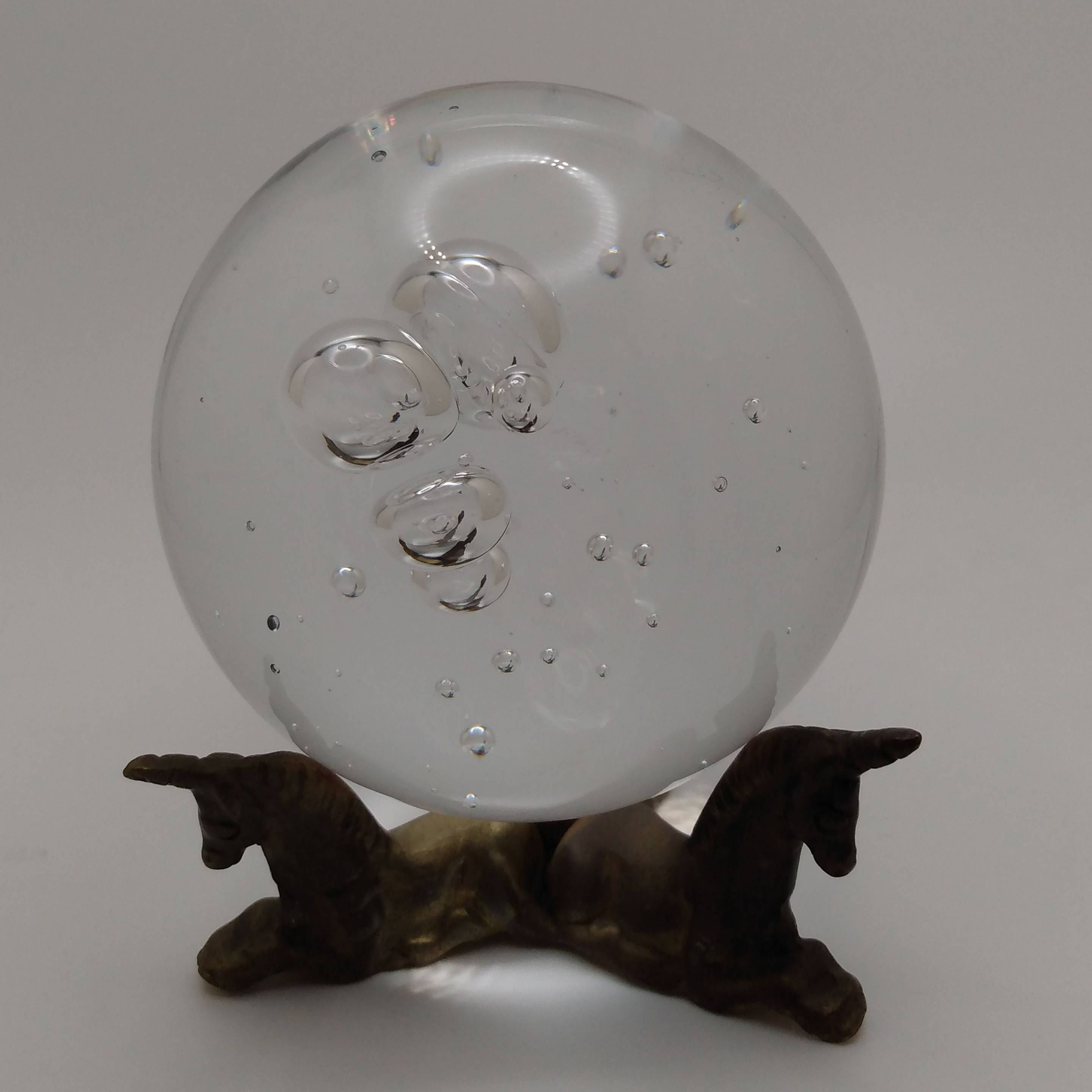 Bubbled Globe Glass Paperweight 3" on Solid Brass Stand with Unicorns